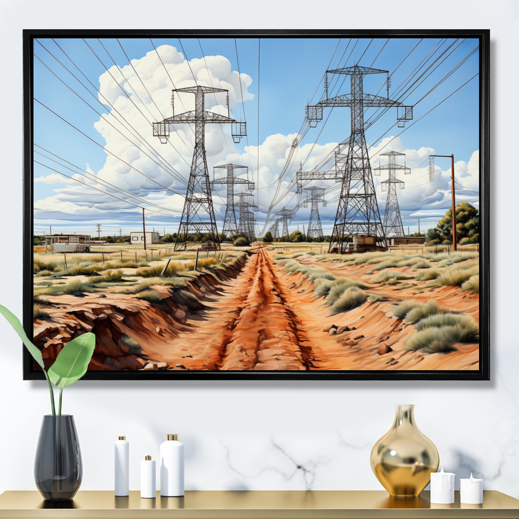 Designart "Power Lines in USA Field" Power Lines Floater Framed Wall ...