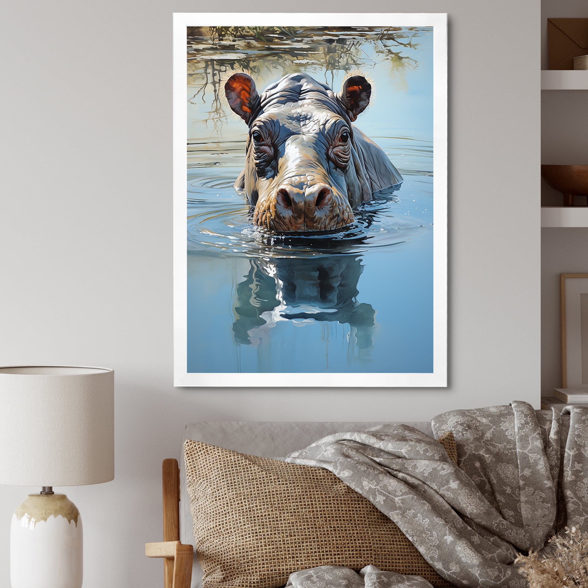 Designart "Powerful Hippo Waters Reflect in Grey I" Animals Framed Wall ...