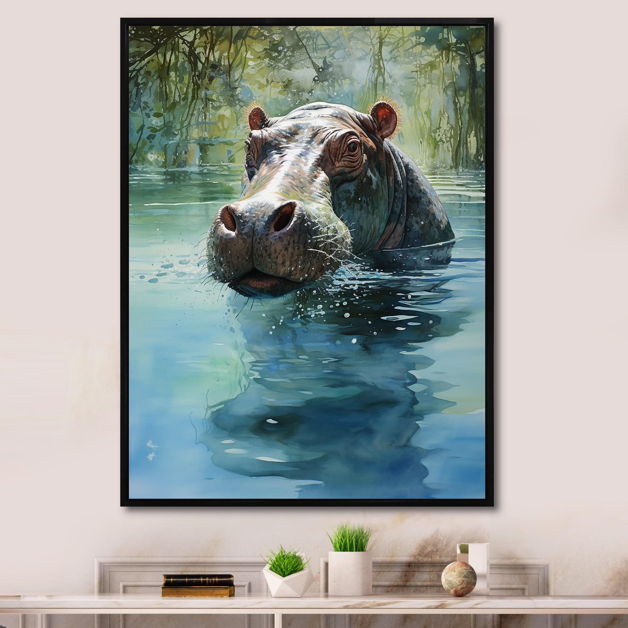 Designart "Powerful Hippo Waters Reflect in Grey II" Animals Framed ...