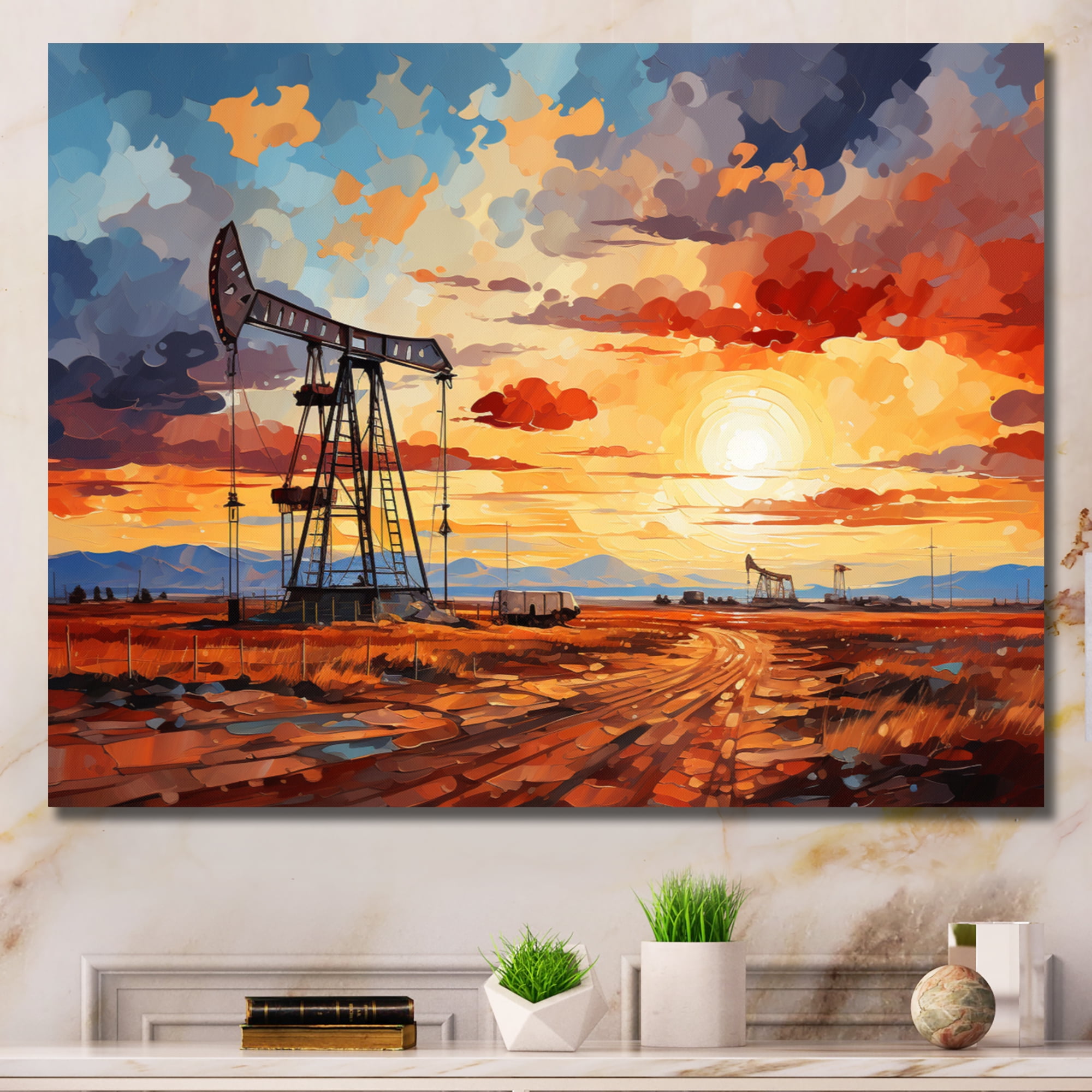 Designart "Pumpjack in Texas Orange Oil Rig Scenery I" Oil Rigs ...