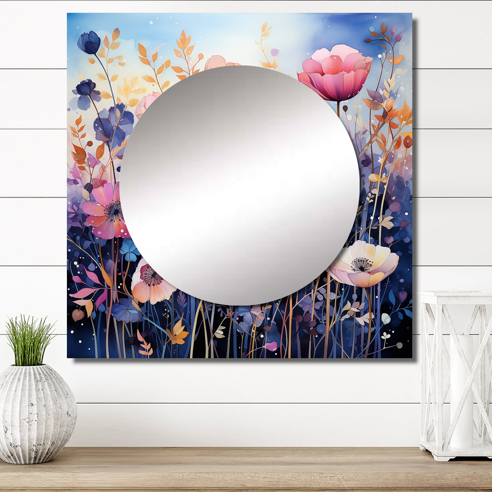 Designart "Purple Dreamy Flowers VII" Abstract Botanicals Square Mirror ...