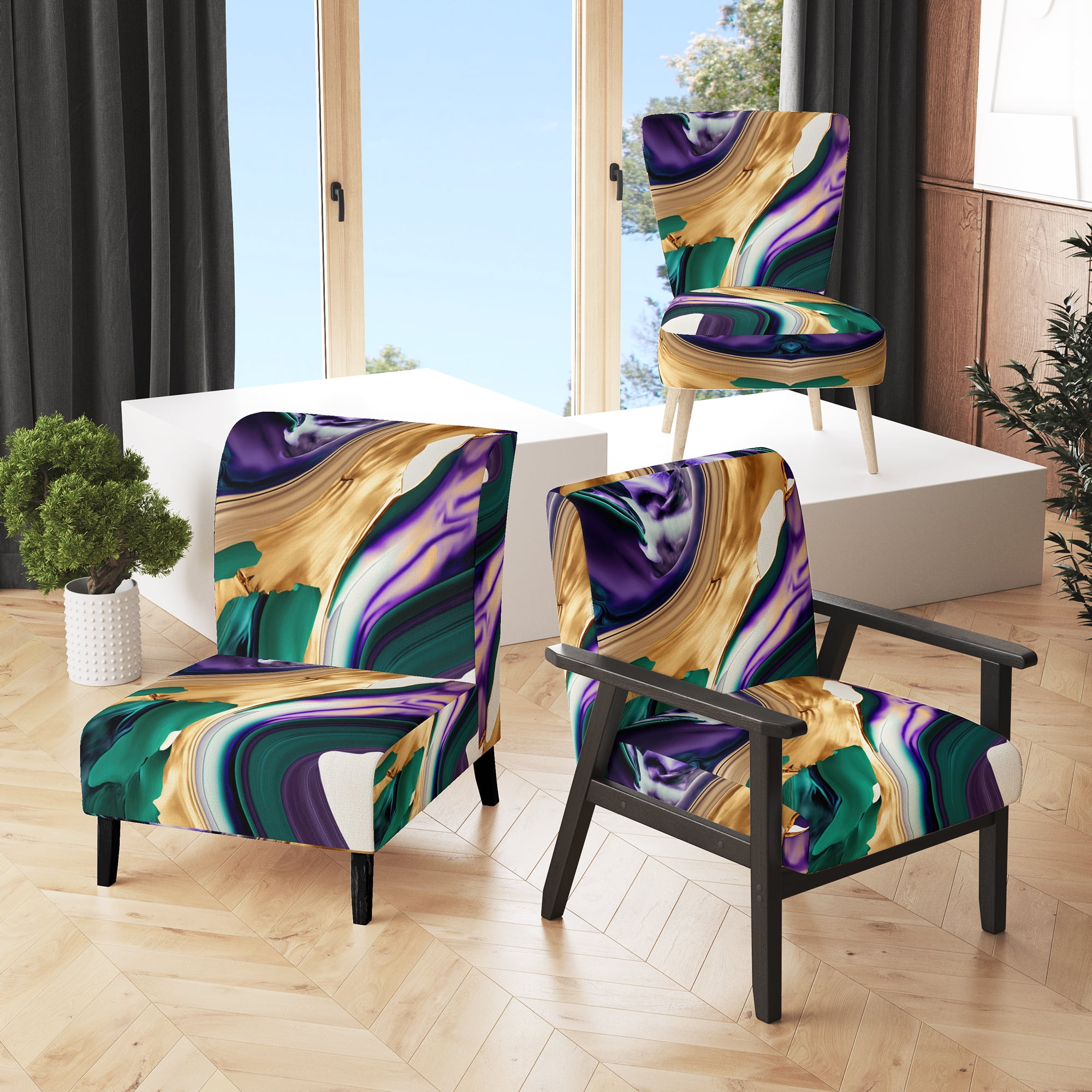 Designart "Purple, Green And Gold Bold Strokes I" Upholstered Modern ...