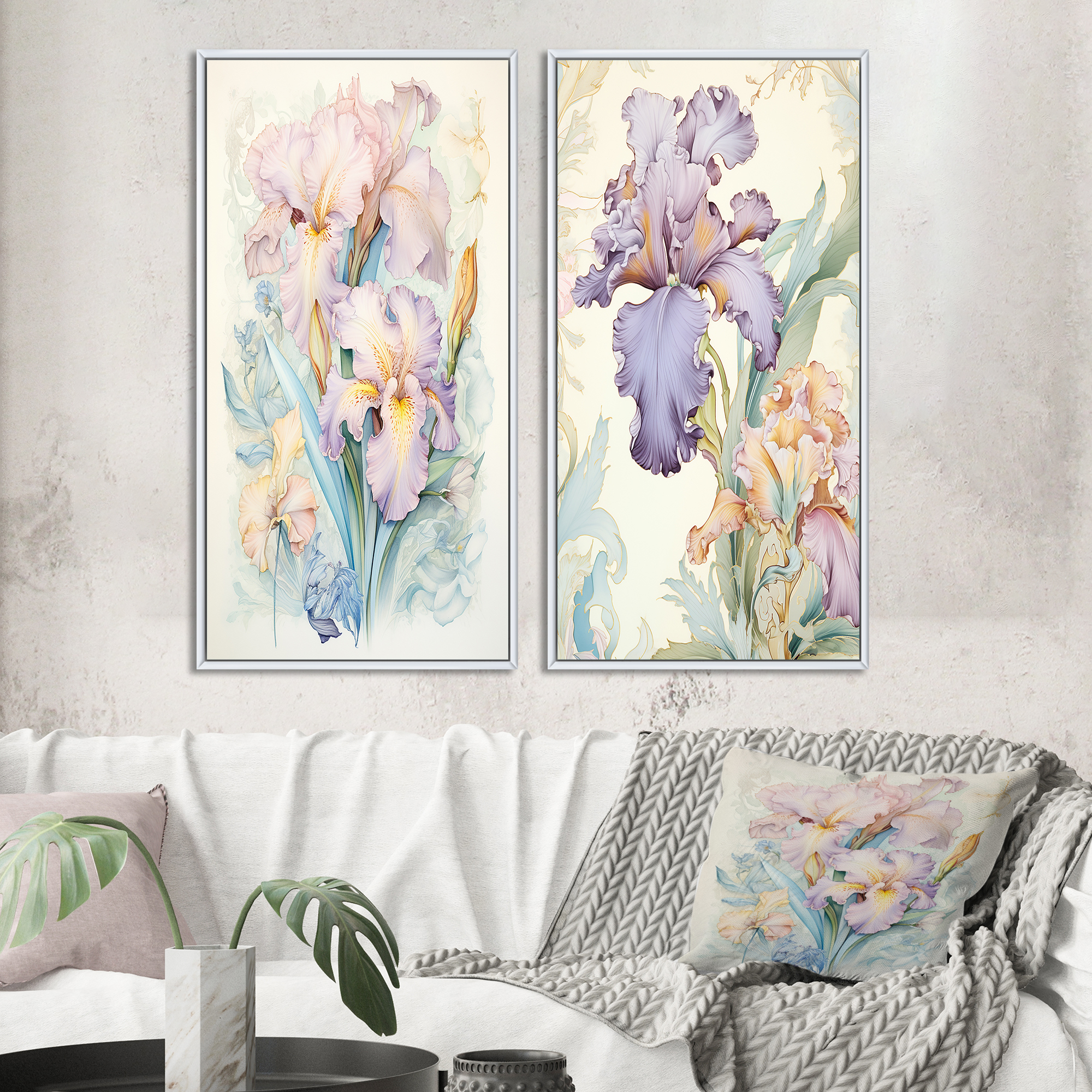 Designart "Purple Iris Flower in Vintage Pastels II" Irises Framed Wall Art Set Of 2 ...