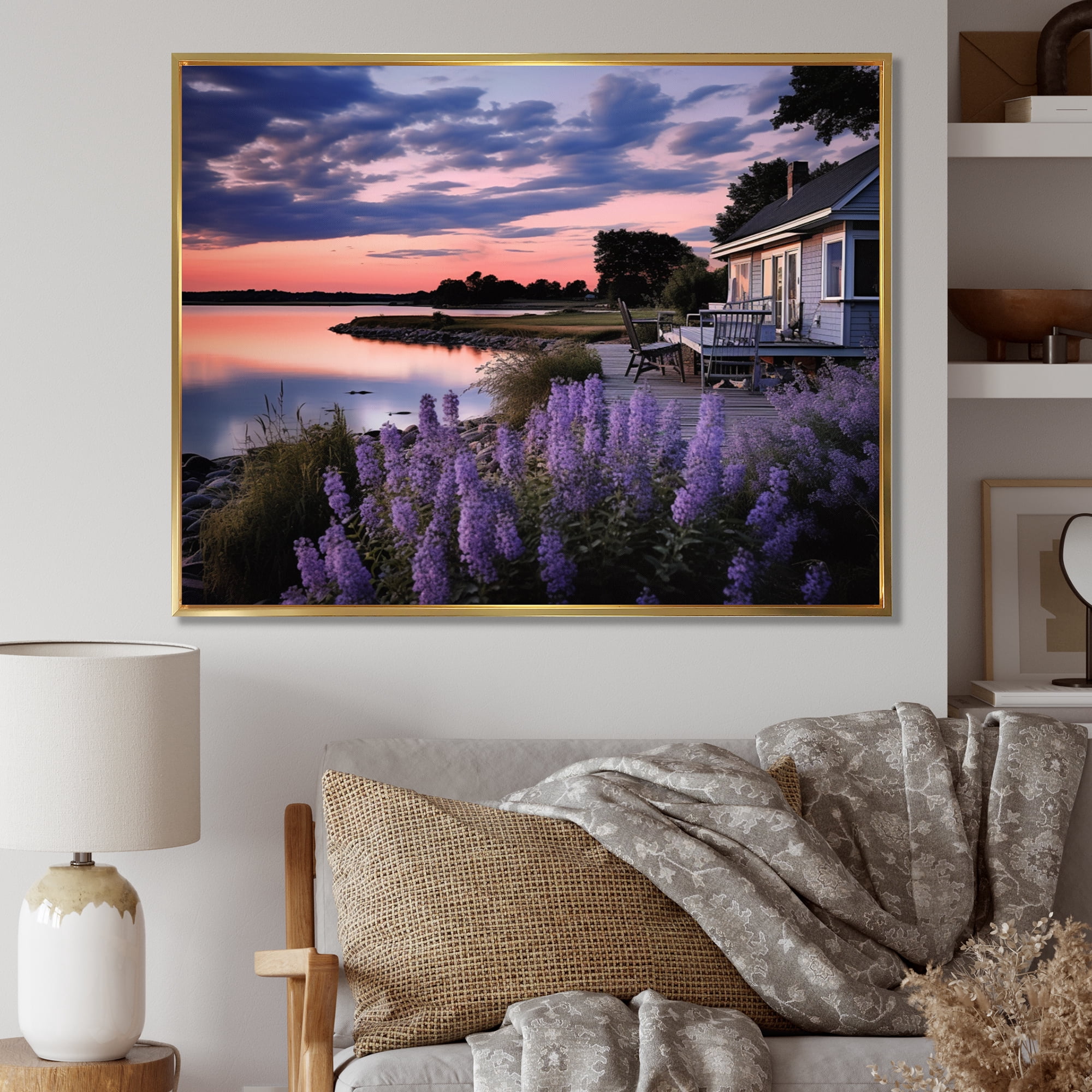 Designart "Purple Lakehouse Charm" Landscapes Floater Framed Wall Art Living Room - Walmart.com