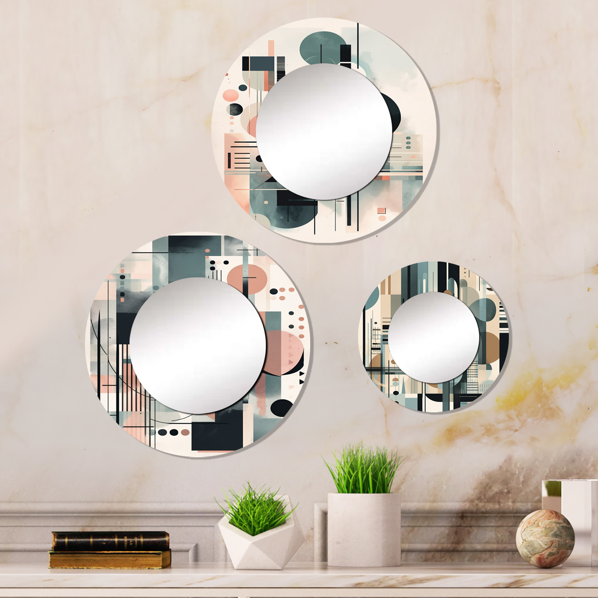 Designart "Quiet Depths Cream and Blue Minimalism III" Minimalism Round ...