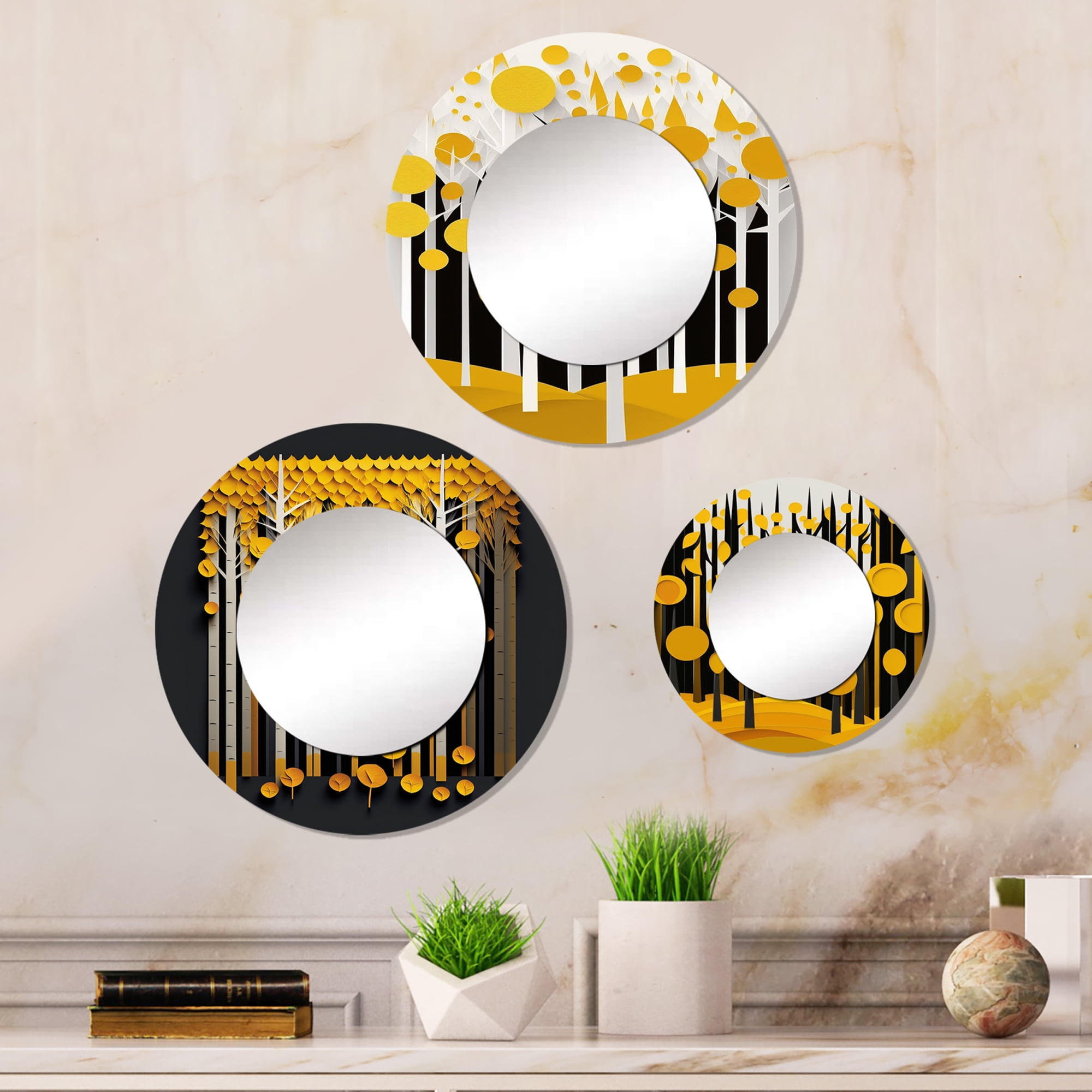 Designart "Quill Minimalism Abstract Yellow Forest" Landscape Round ...