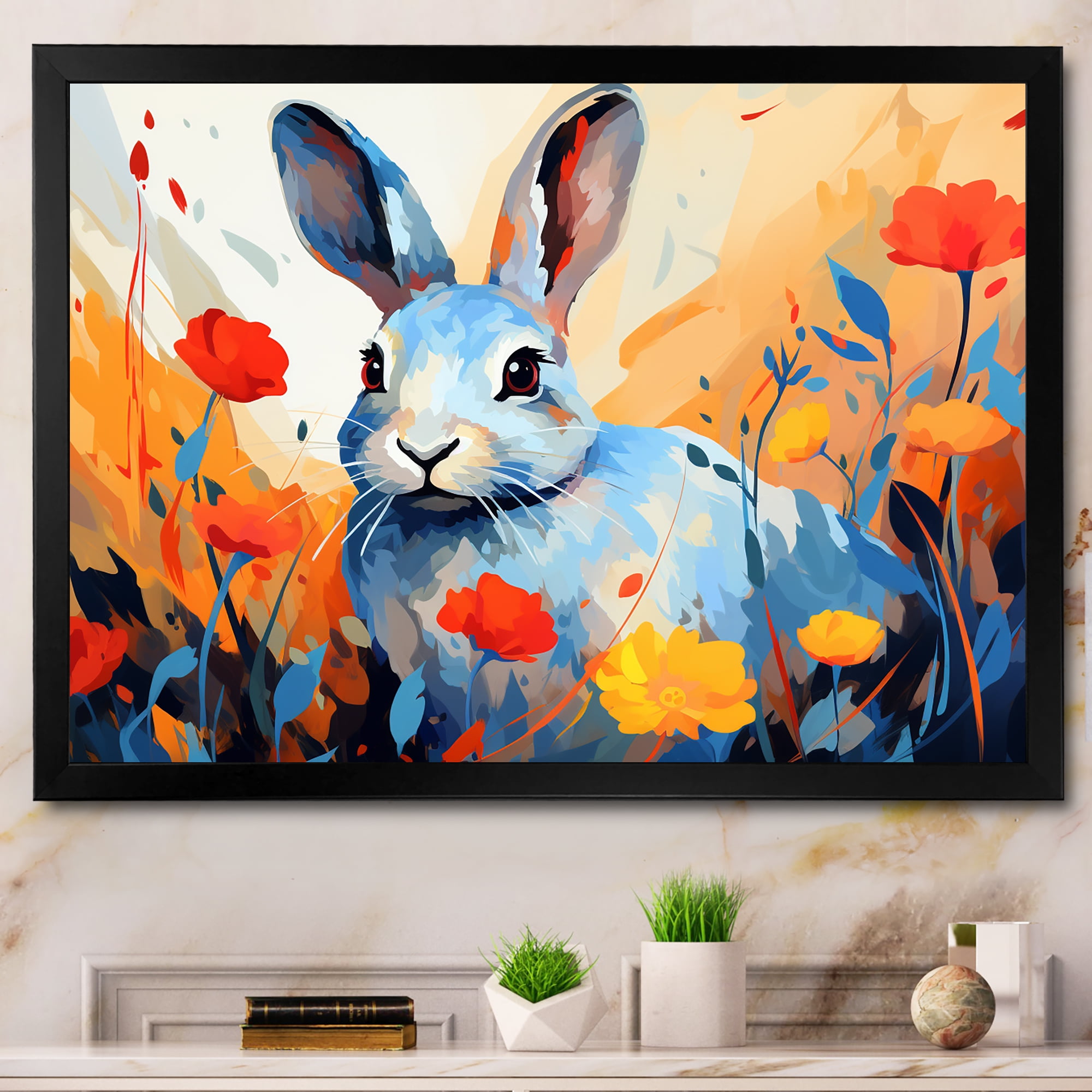 Designart "Rabbit Meadows Blue Floral Landscape" Animals Framed Wall ...