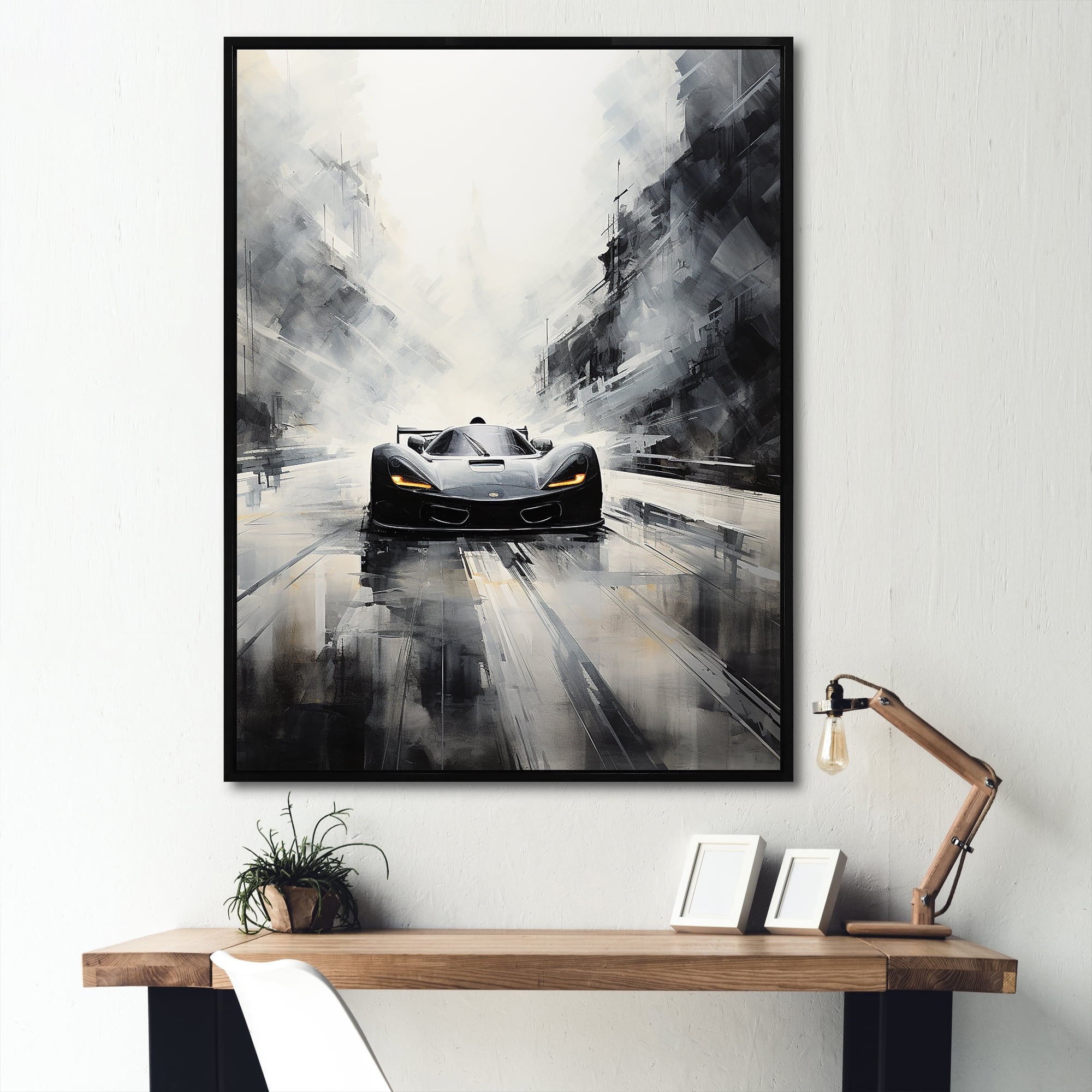 Designart "Race Car Tracks Grey Minimalist Speed I" Architecture Framed ...