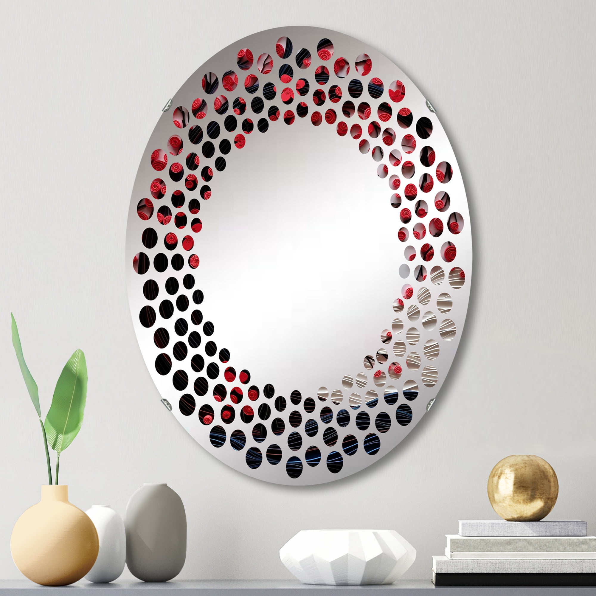 Designart "Radiant Ruby Red Moon I" Moon Polka Dot Round Wall Mirror ...