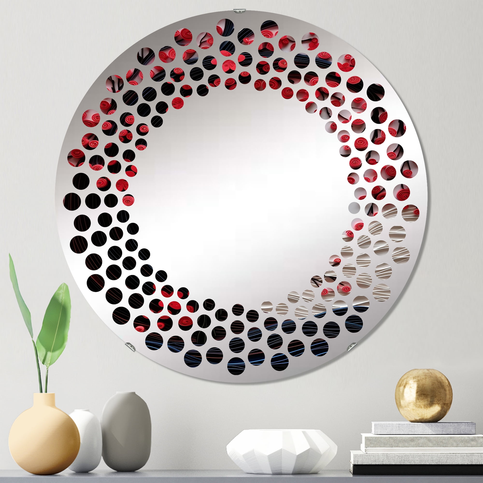 Designart "Radiant Ruby Red Moon I" Moon Polka Dot Round Wall Mirror ...
