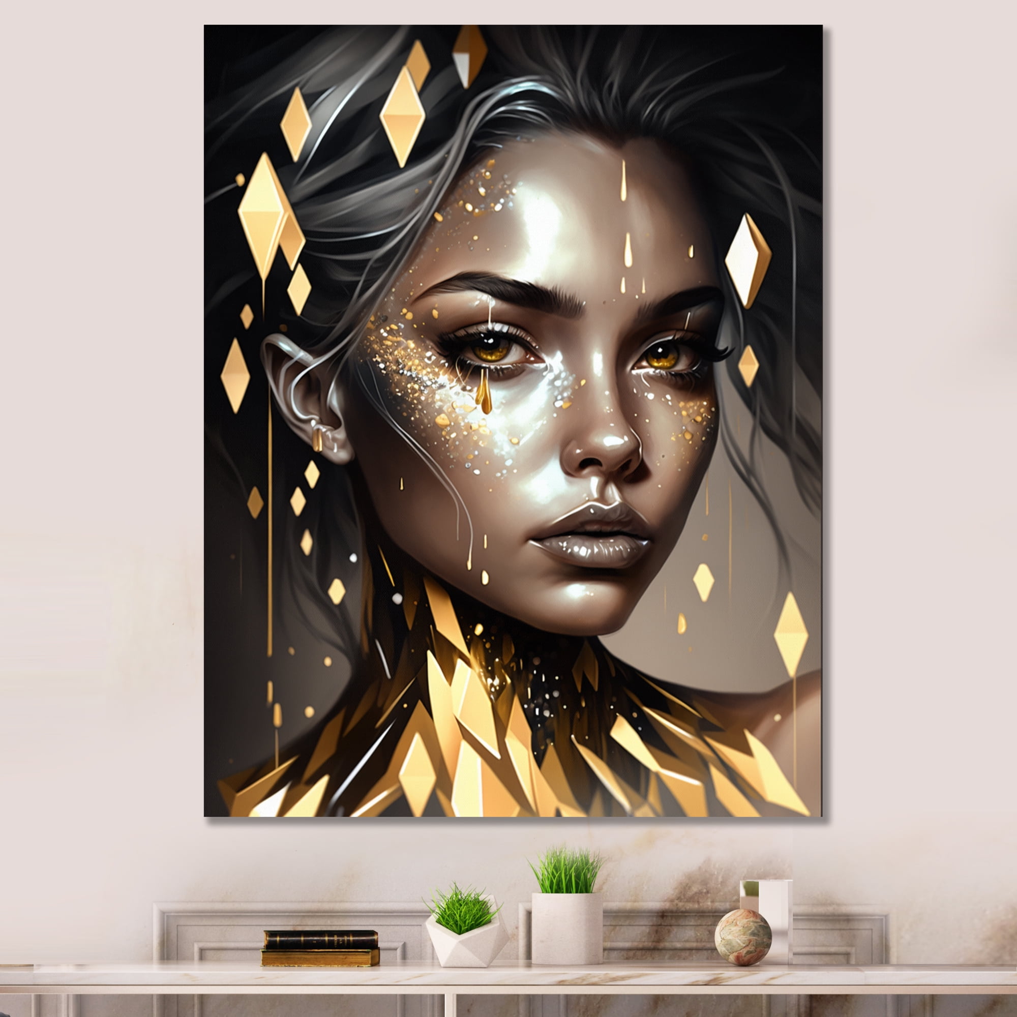 Designart "Radiating Golden Woman III" Modern Woman Canvas Wall Art ...