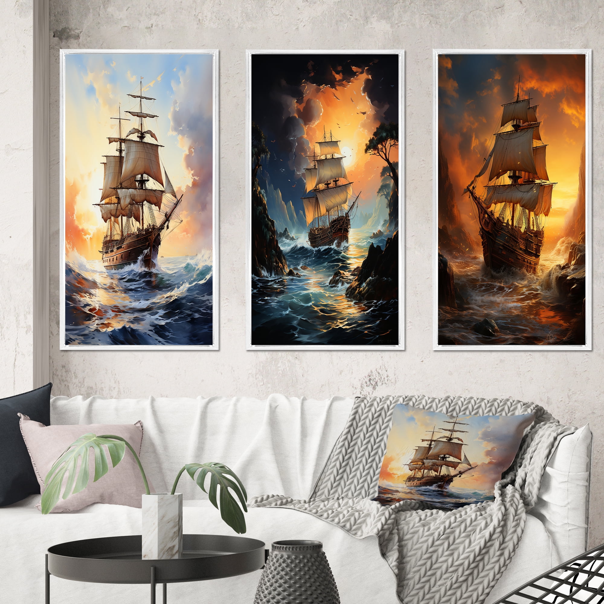 Designart "Raid To The Tresor Pirate Boat" Pirate Framed Wall Art Set ...