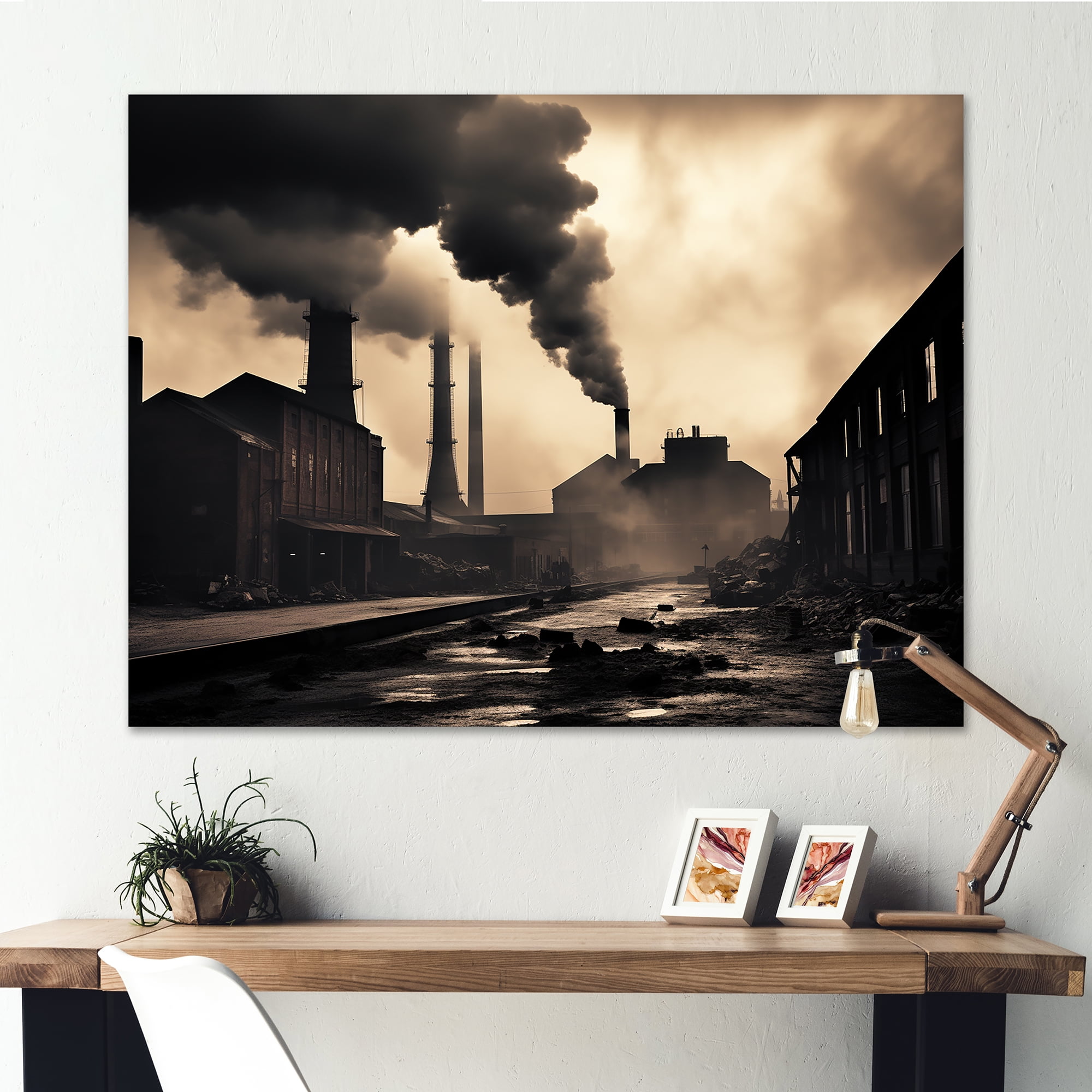 Designart "Rain-Drenched Monochrome Factory Scenery" Factories Wall Art ...