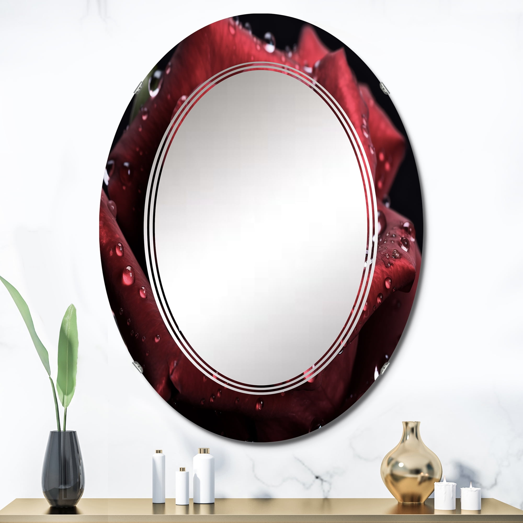 Designart "Rain-Kissed Red Rose II" Floral Round Wall Mirror - Modern ...