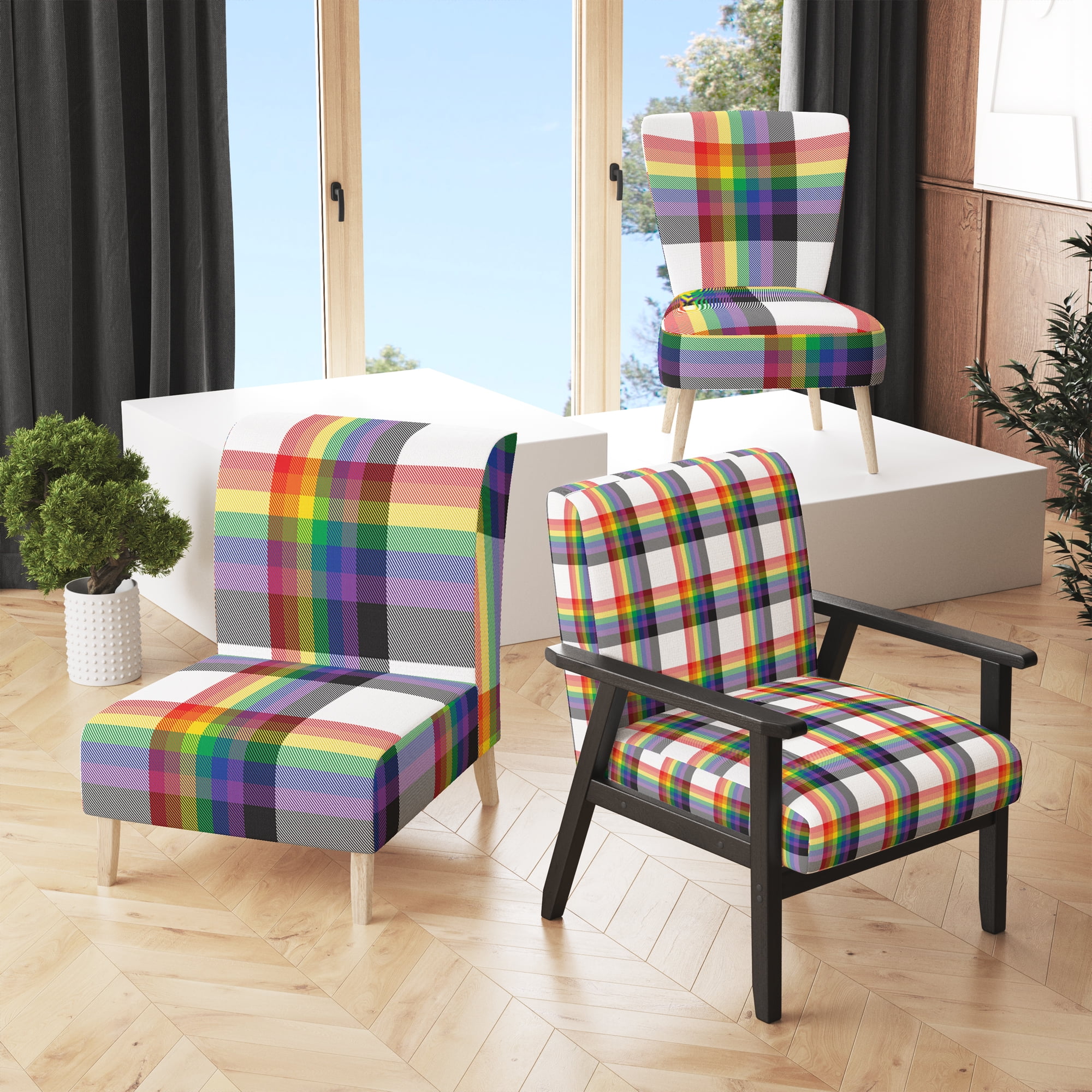 Designart "Rainbow Checked Tartan" Upholstered Patterned Accent Chair ...