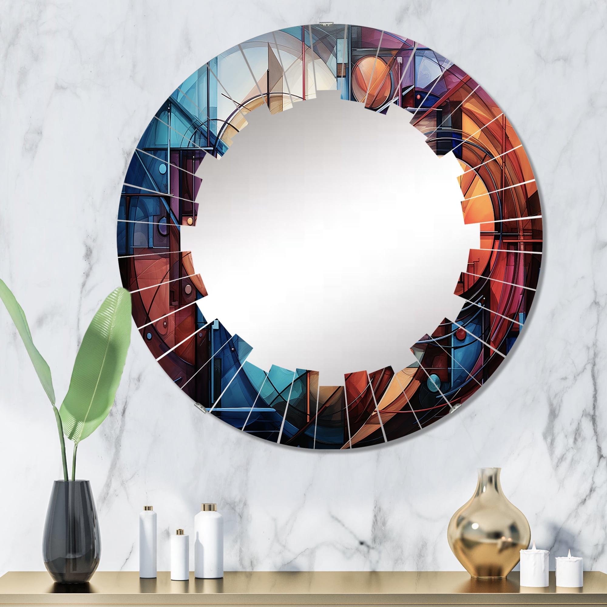 Designart "Rainbow Colored Cubist Forms I" Cubism Round Wall Mirror ...