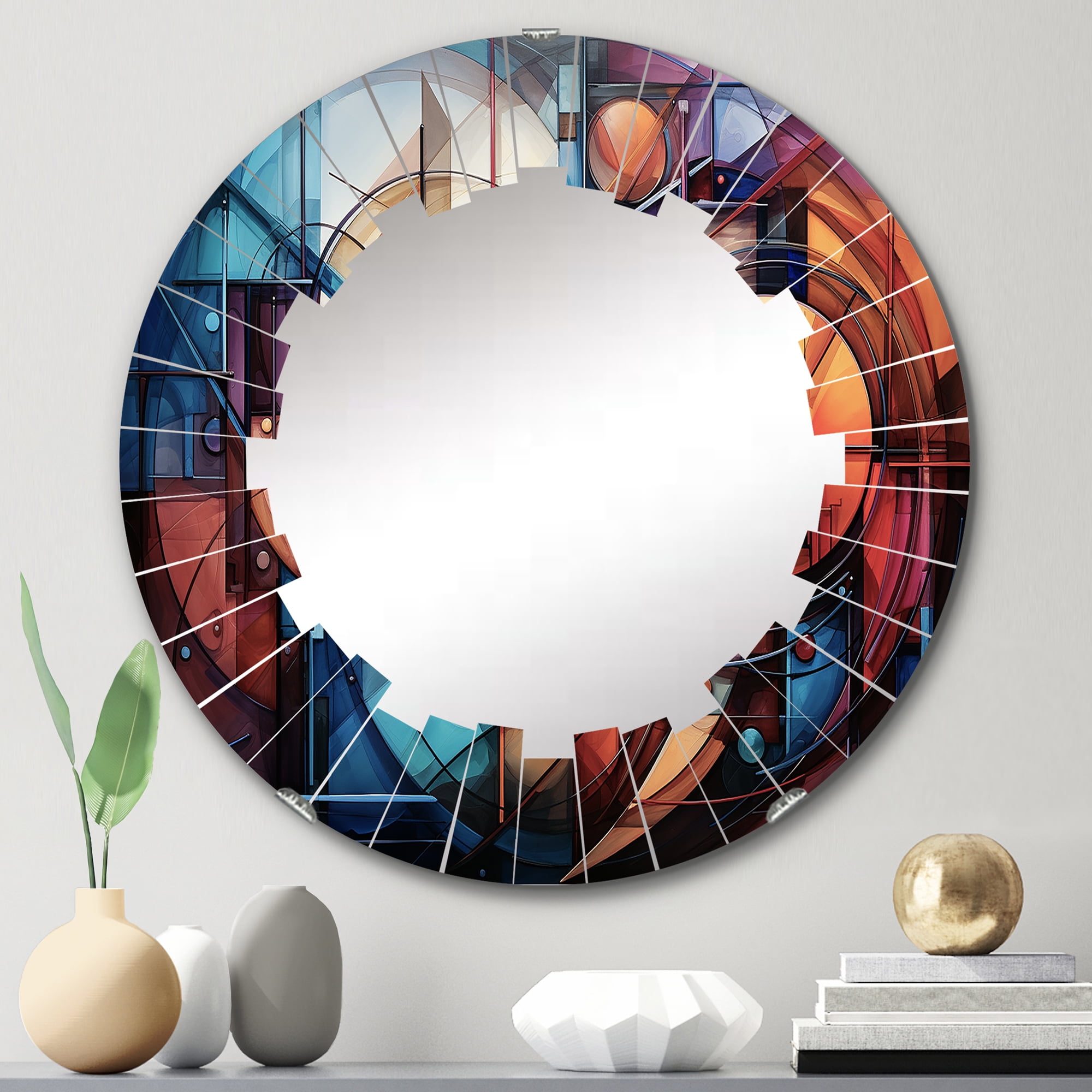 Designart "Rainbow Colored Cubist Forms I" Cubism Round Wall Mirror ...