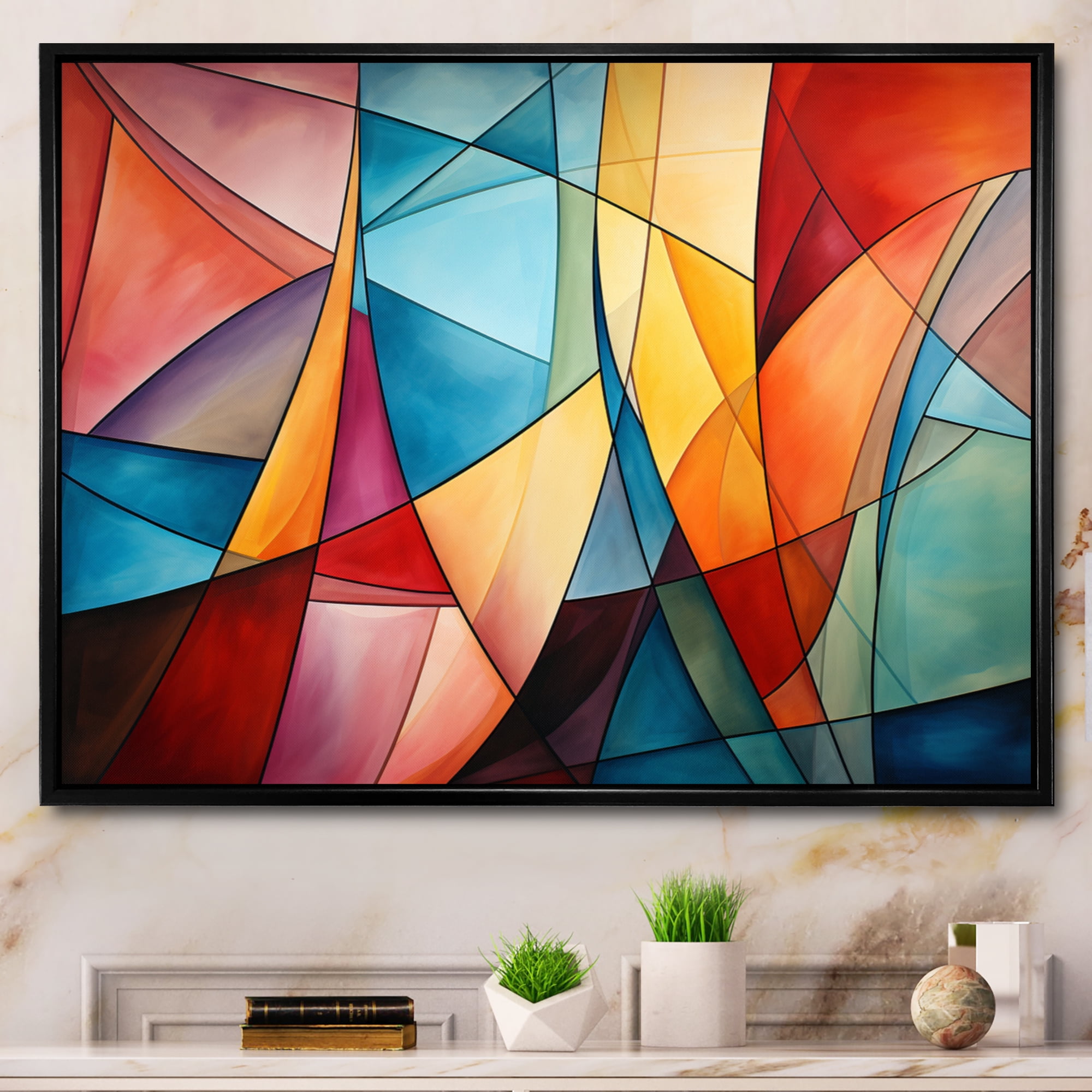 Designart "Rainbow Colored Cubist Forms III" Cubism Floater Framed ...