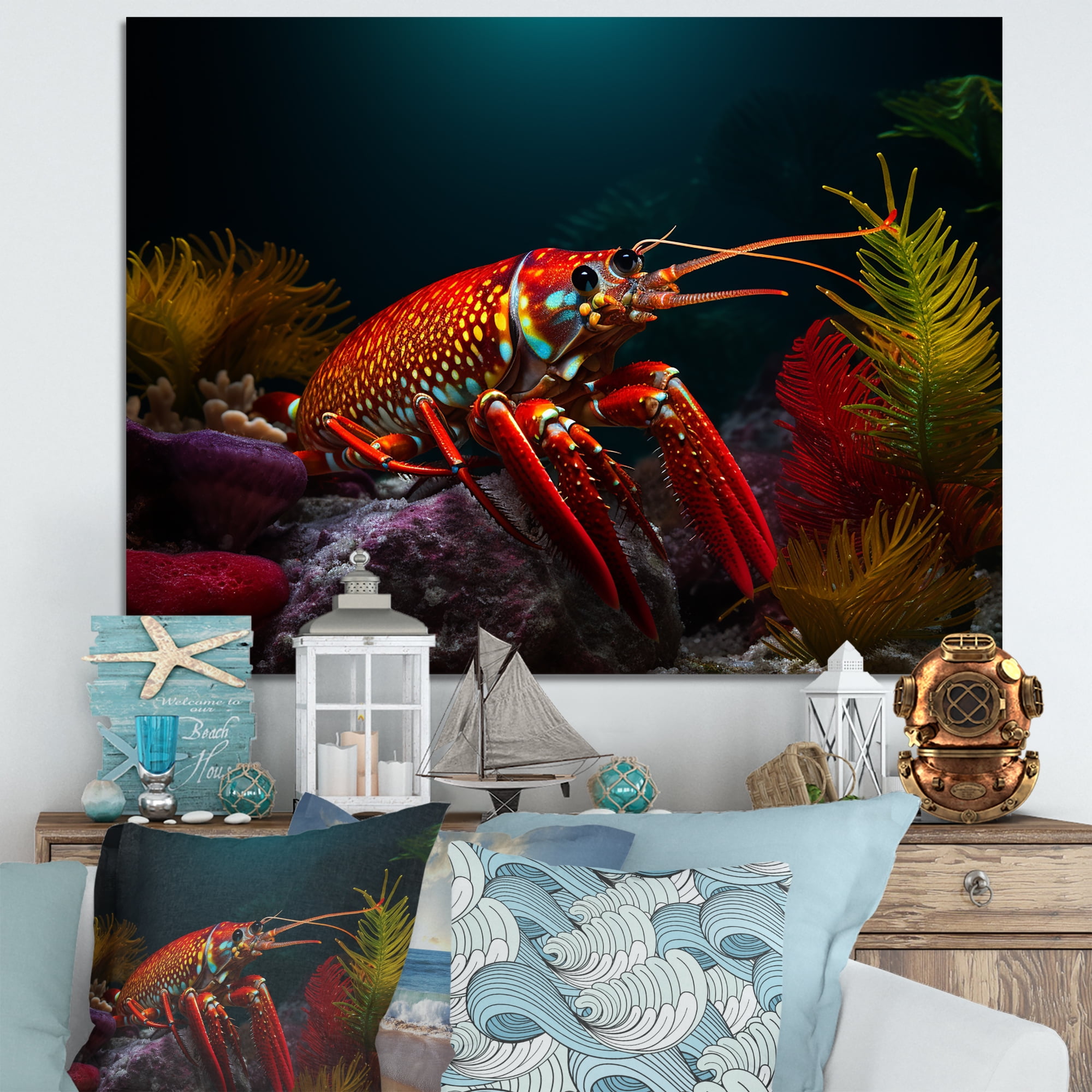 Designart "Rainbow Mantis Shrimp In Modern Style" Coastal Coral Under ...
