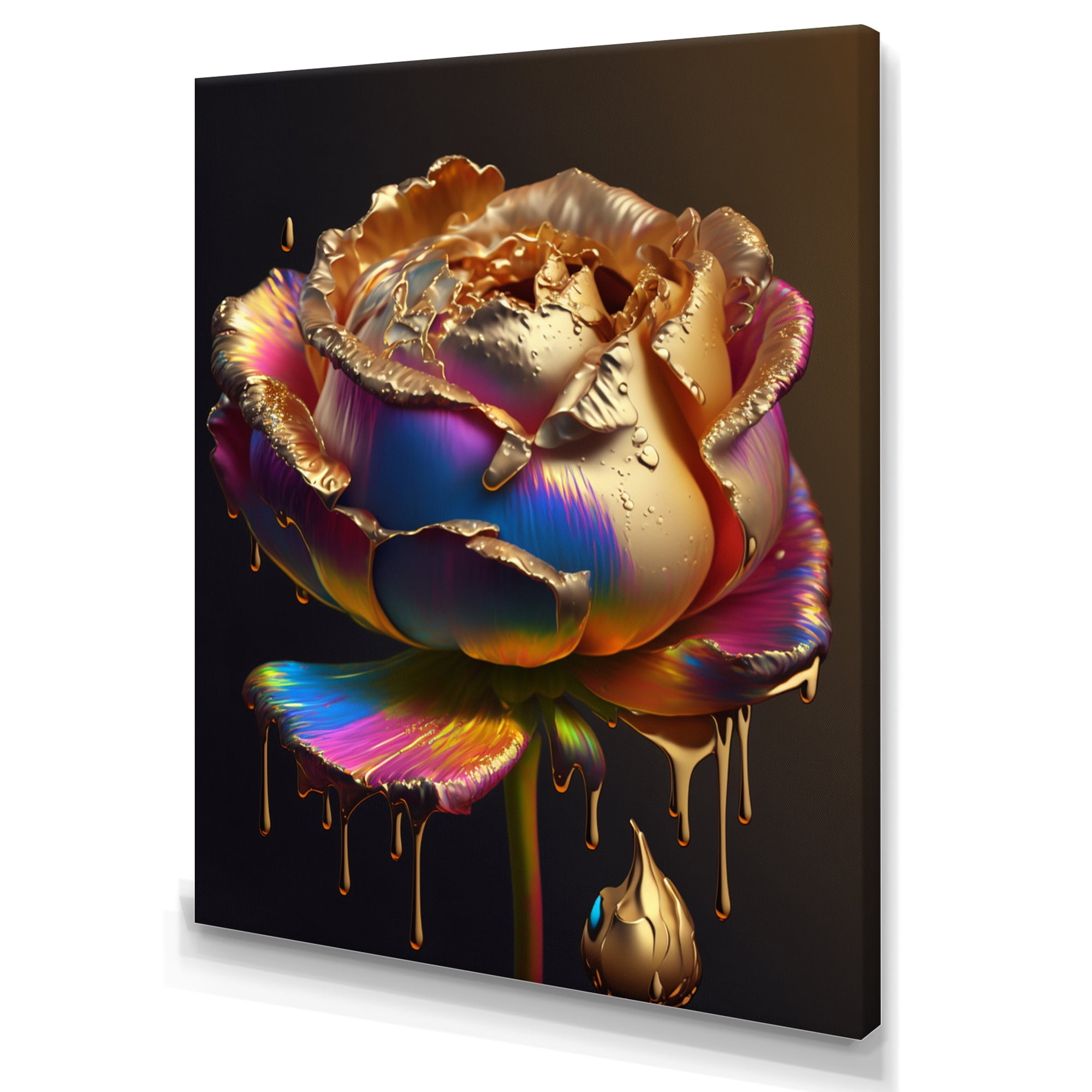 Designart Rainbow Peony Liquid Gold Drips Hyper I Canvas Wall Art ...