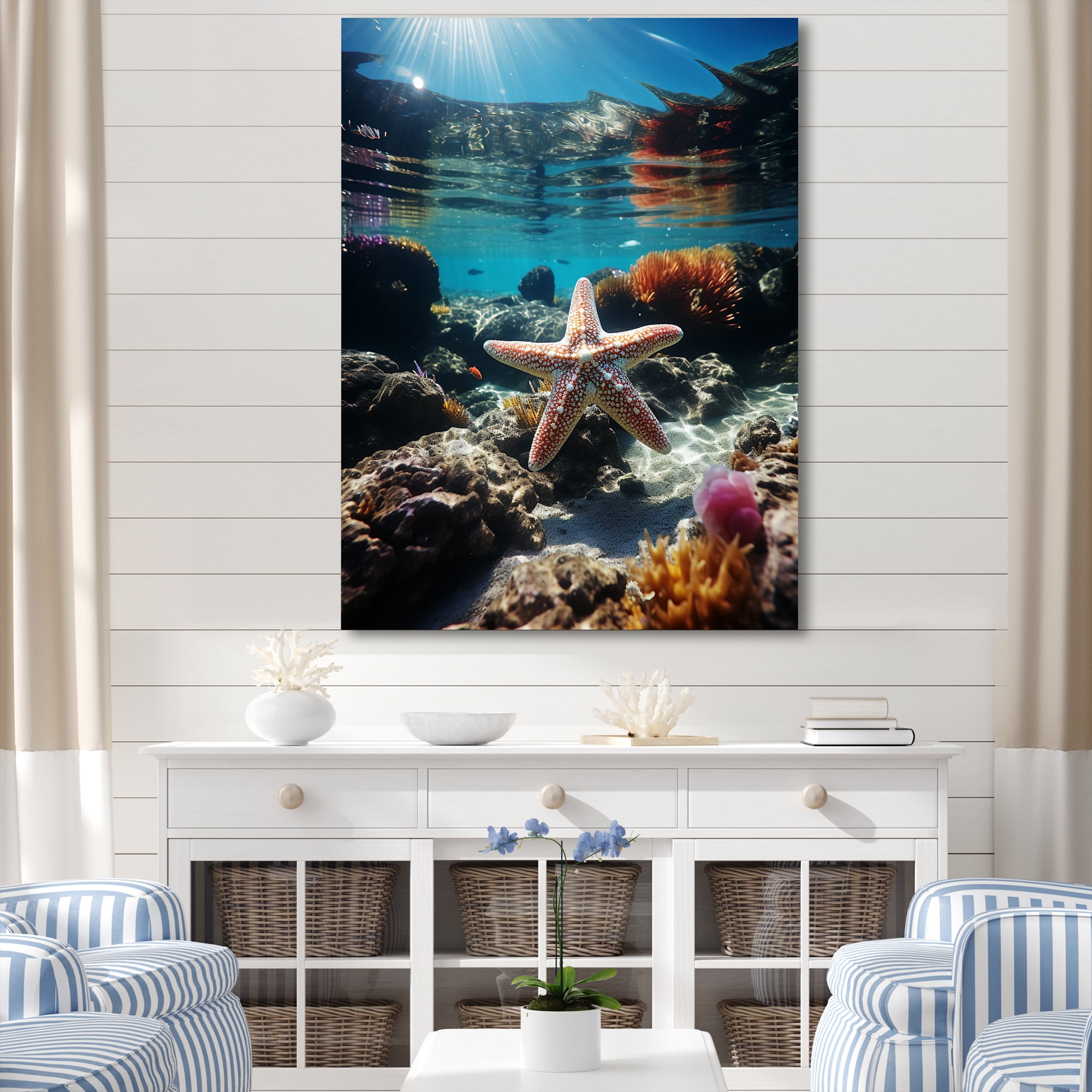 Designart "Rainbow Starfish Photo in Blue" Animals Canvas Wall Art ...