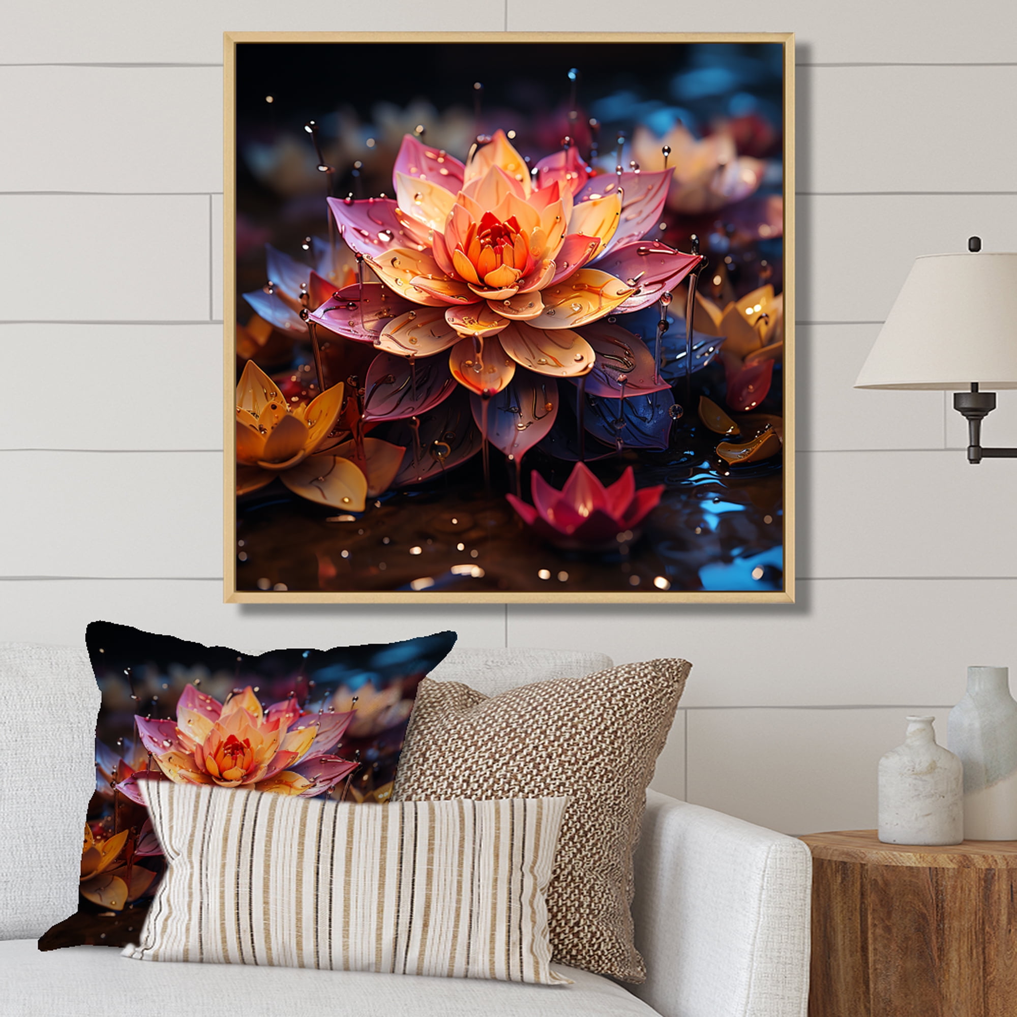 Designart "Rainy Dance Of Lotus Flowers I" Lotus Floater Framed Wall ...