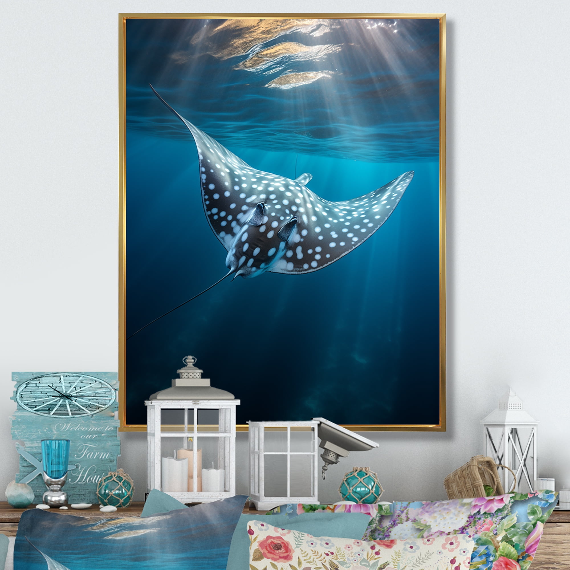 Designart "Ray beautyful Glide Ocean" Animals Floater Framed Wall Decor ...
