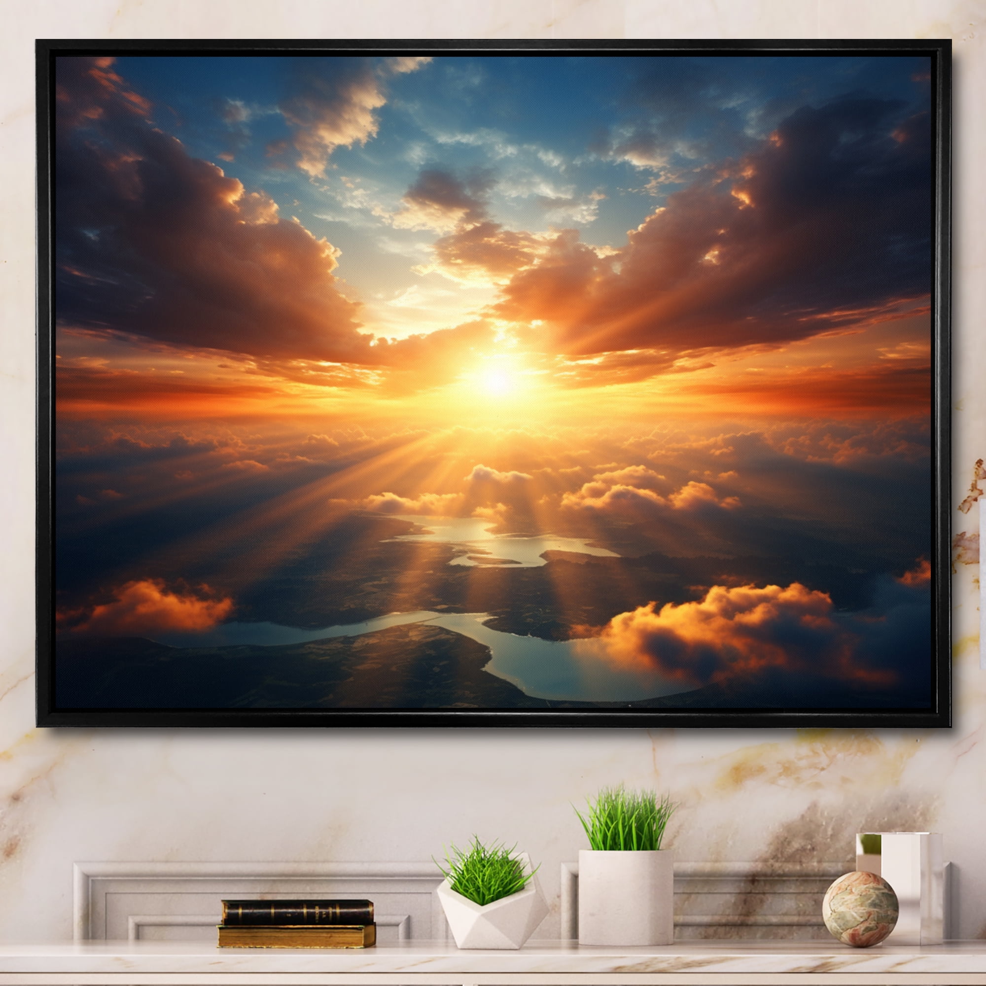 Designart "Rays of Hope Yellow and Blue Sunrise II" Landscapes Floater ...