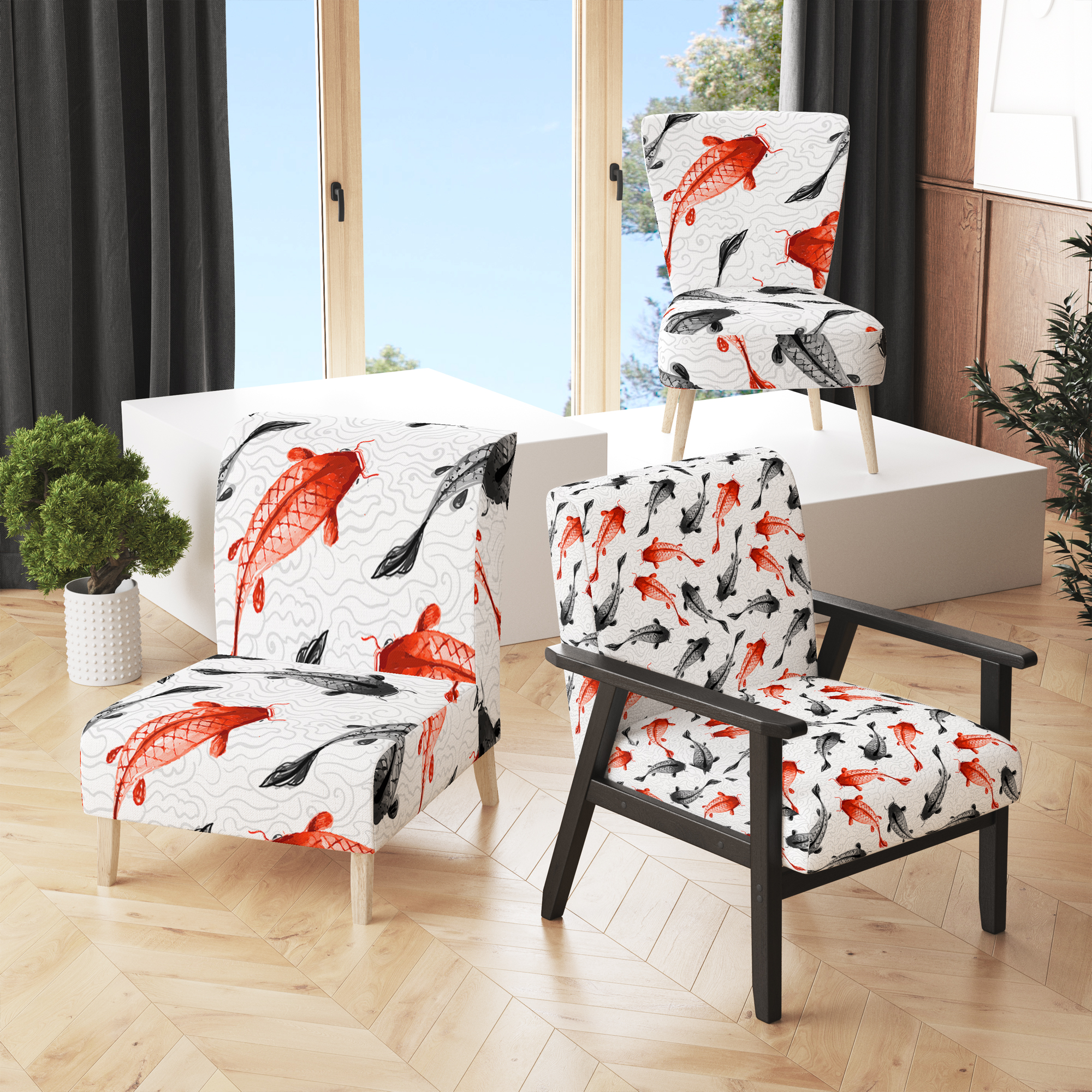 Designart "Red And Black Koi Fishes Pattern" Upholstered Patterned Accent Chair and Arm Chair ...