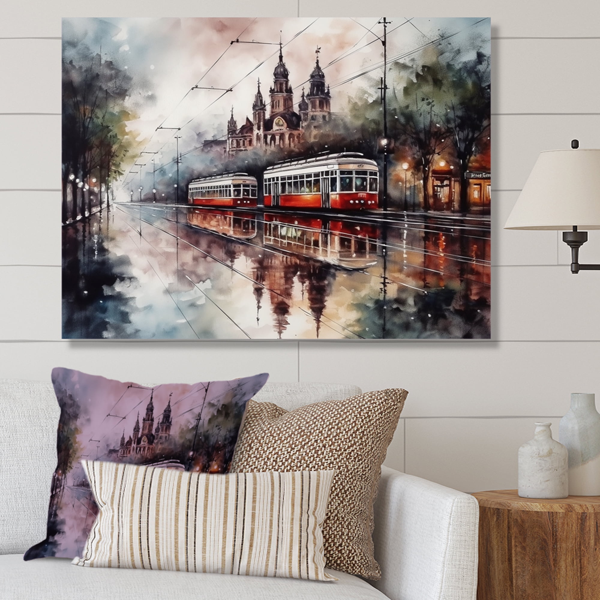 Designart "Red And Brown City Trams In The Wet Mist" City Art Deco ...