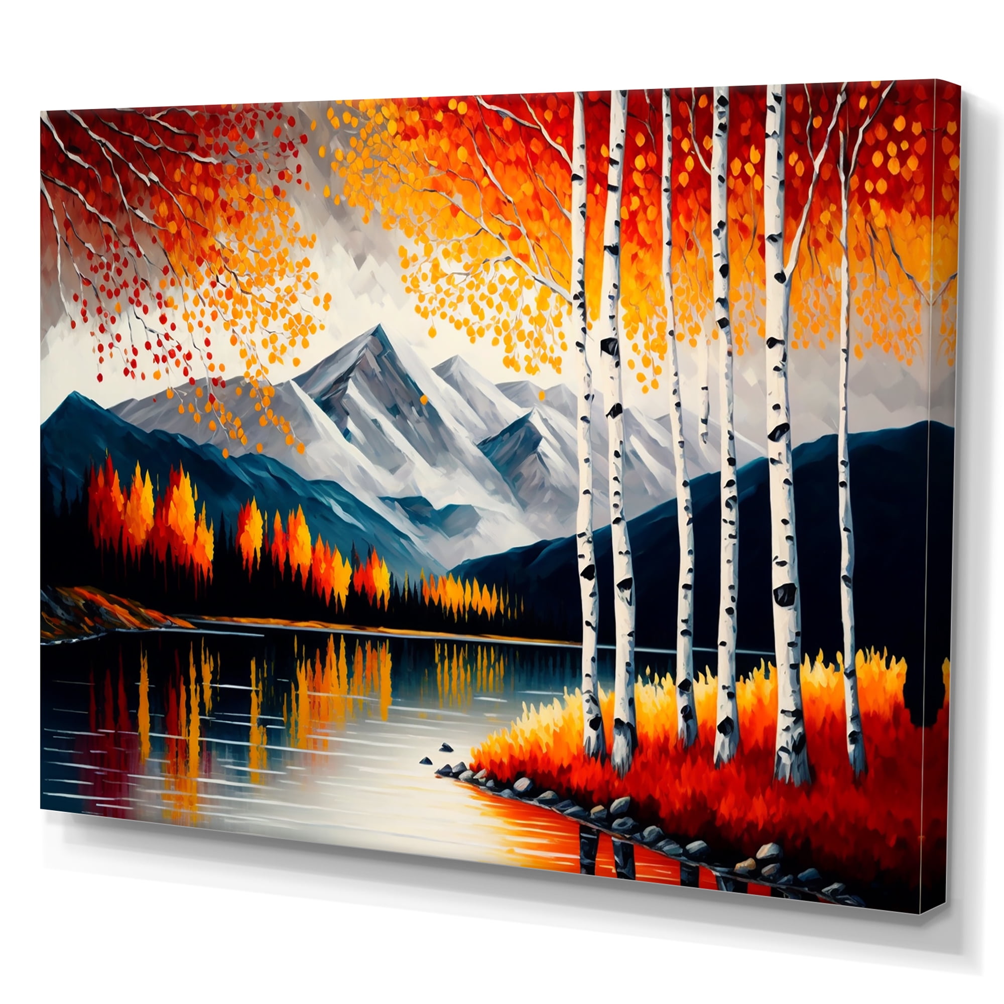 Designart Red And Orange Birch Trees By The Lake III Canvas Wall Art ...