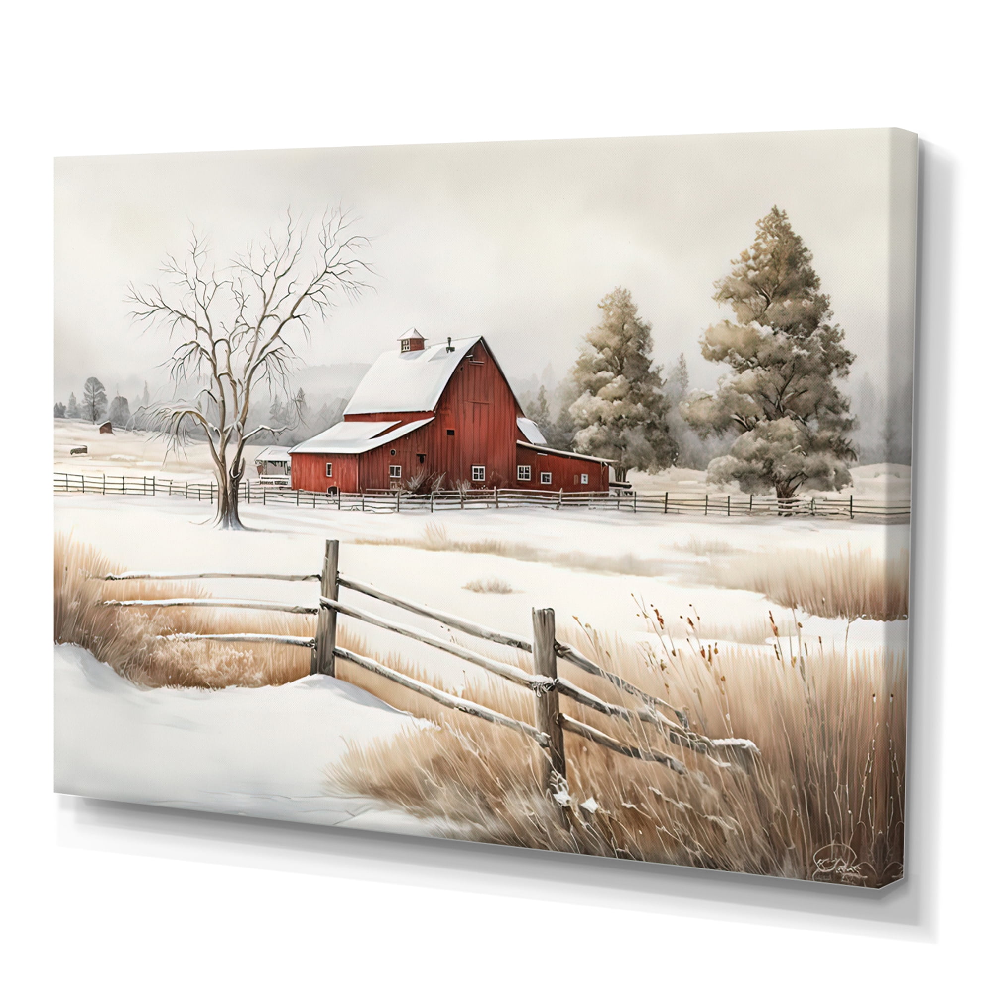 Designart Red Barn Scenery In Winter VI Canvas Wall Art - Walmart.com