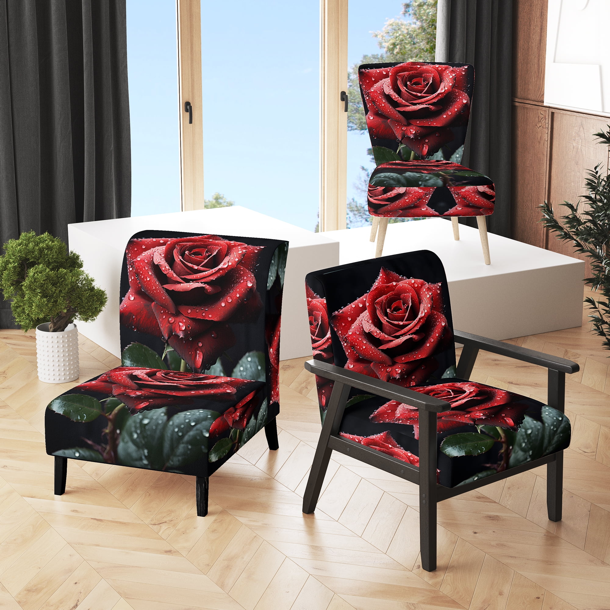 Designart "Red Black Rose magic Beauty I" Red Rose Upholstered Accent ...