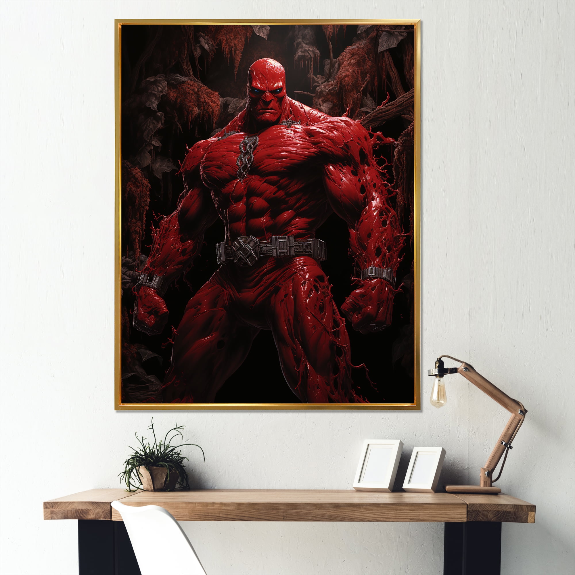 Designart "Red Giant Superhero I" Abstract Framed Wall Art - Modern Red ...