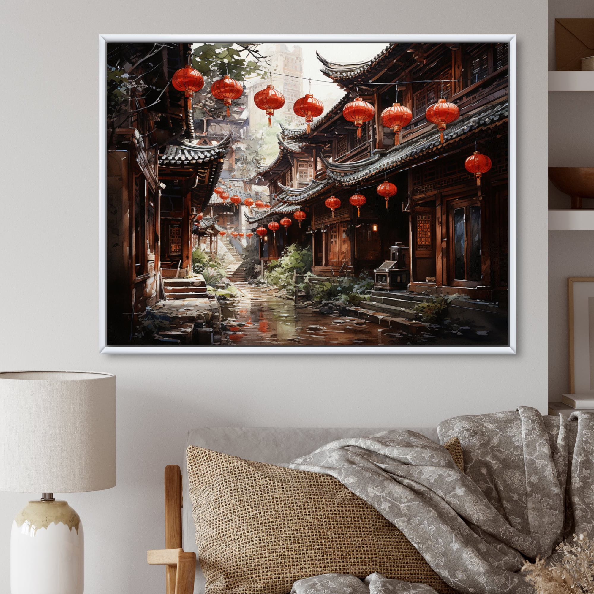 Designart "Red Lantern China Art painting II" Chinese Floater Framed ...