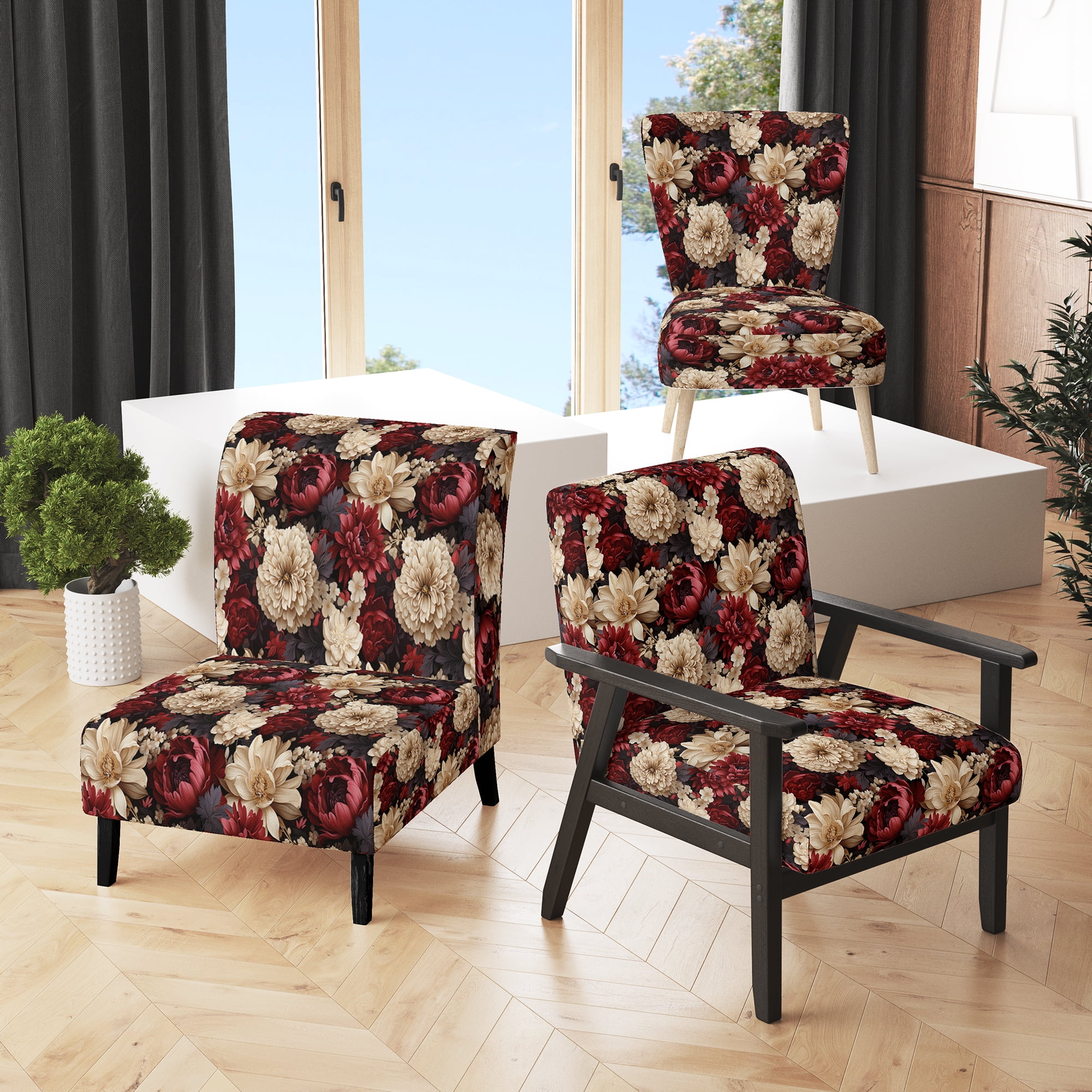 Designart "Red Peony Renaissance II" Red Floral Upholstered Accent ...