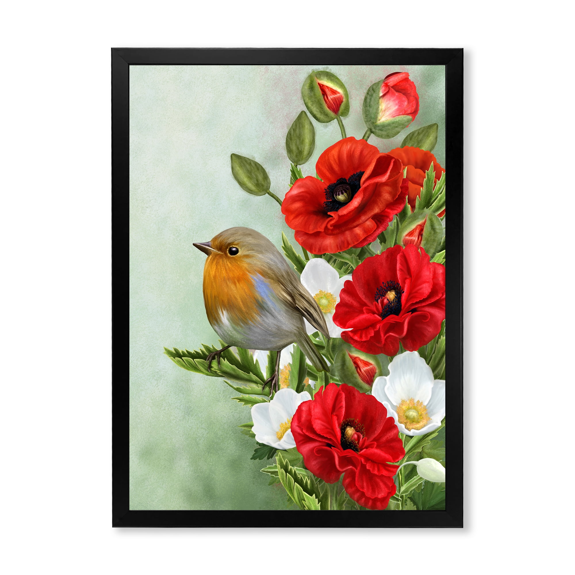 Designart 'Red Poppies and White Anemones With Yellow Bird' Traditional ...