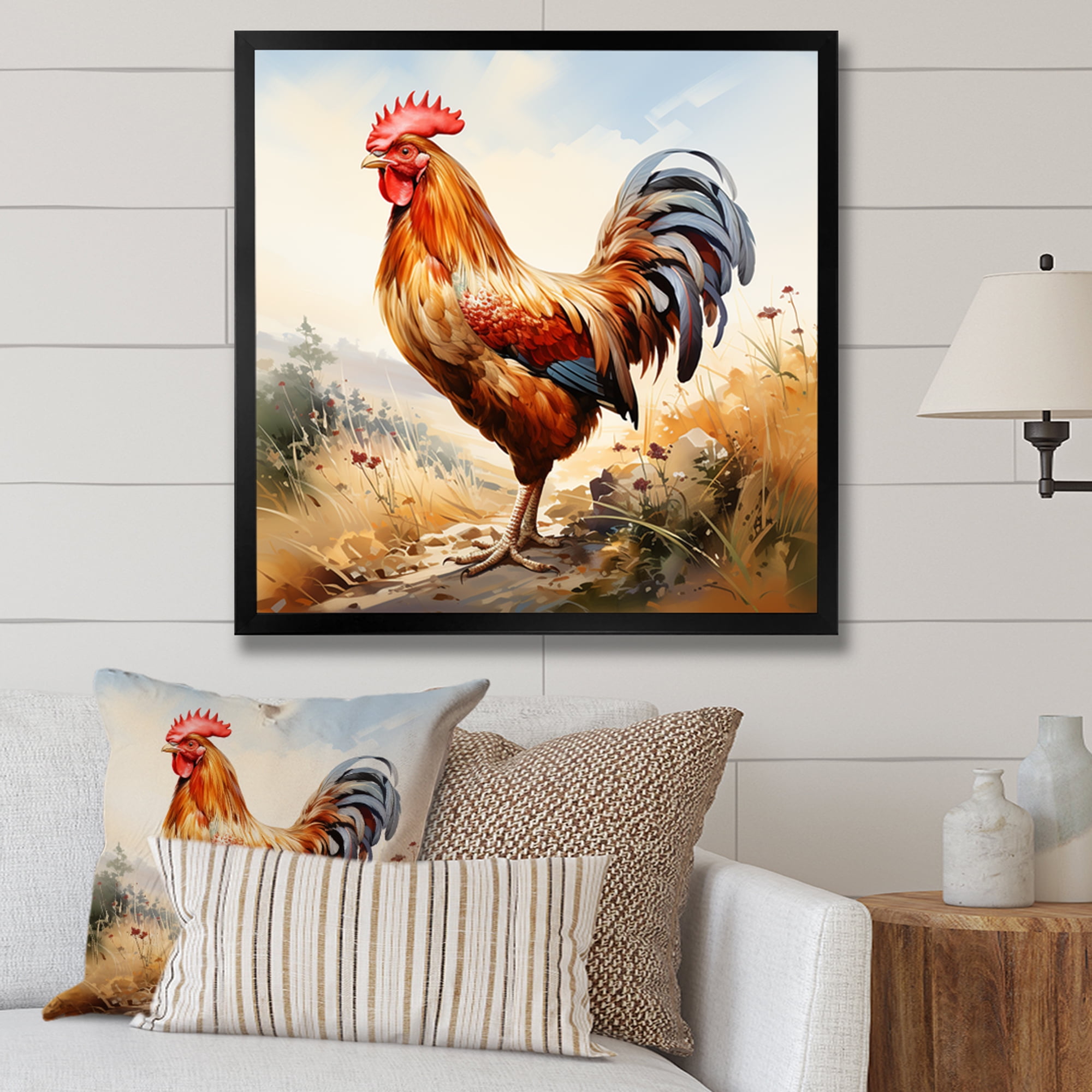 Designart "Red Roosters in Farmyard Meadows" Animals Framed Wall Art ...