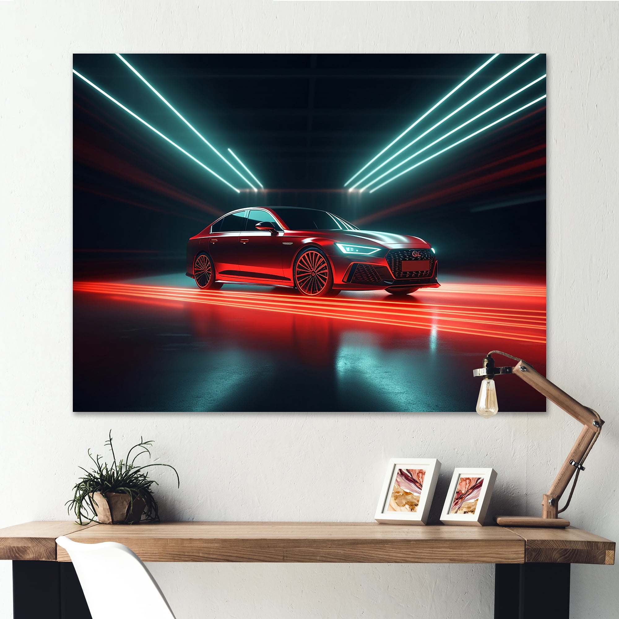 Designart "Red Sedan Embraced By Neon Lights" Car/Van Wall Decor ...