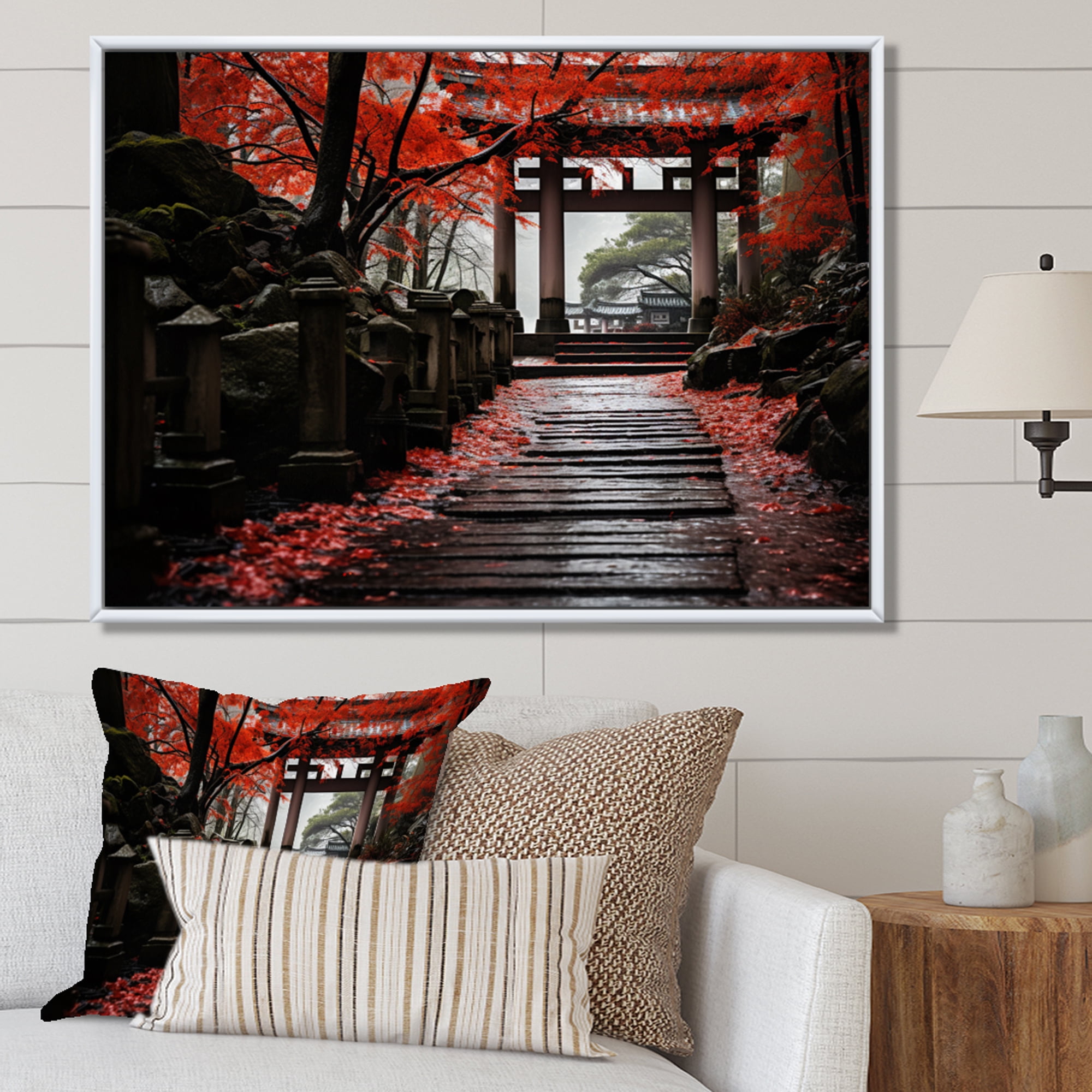 Designart "Red Torii Gate Iconic Symbol in Japanese Art I" Japanese Floater Framed Canvas Wall ...