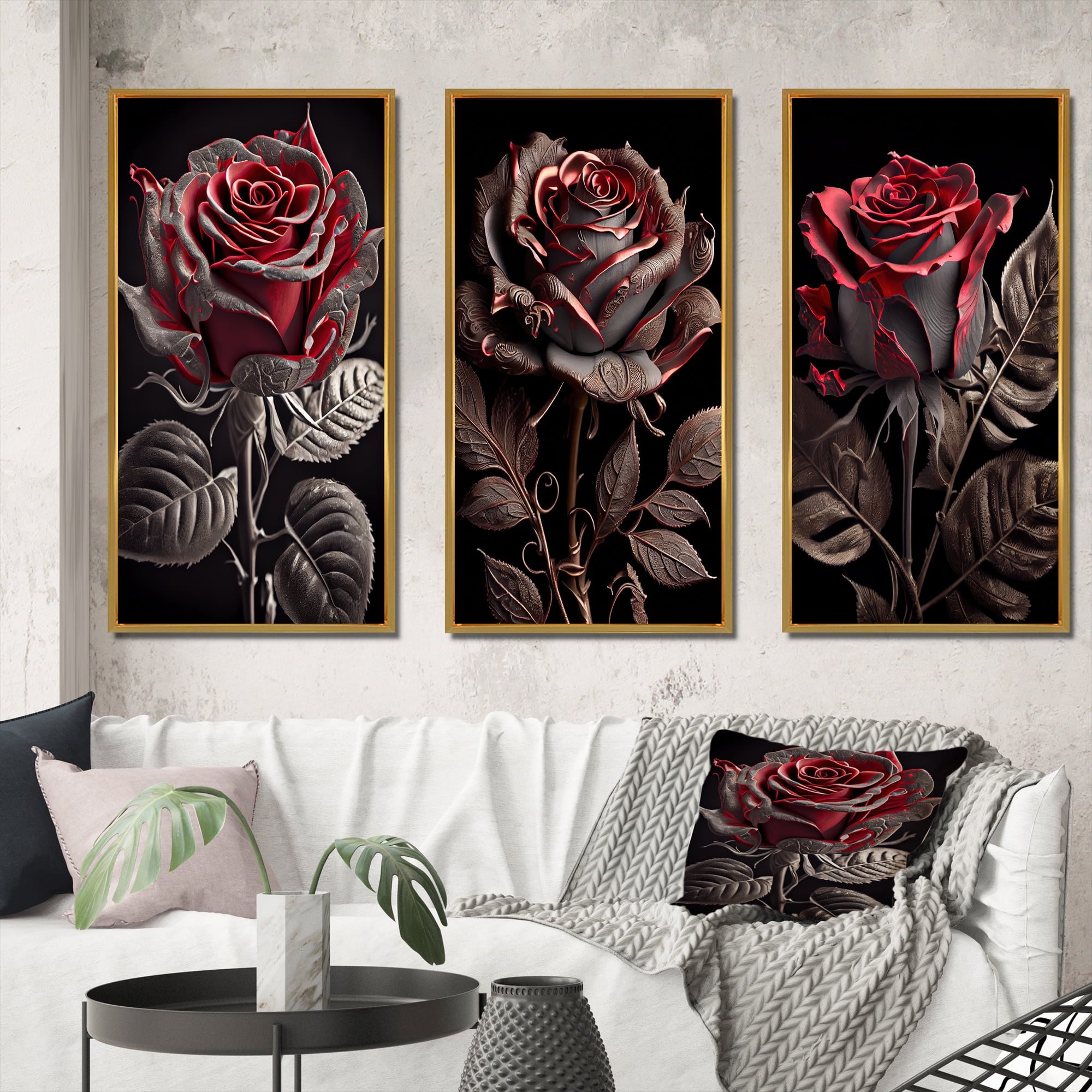 Designart "Red and Gray Blossoming Rose I" Floral Framed Wall Art Set ...
