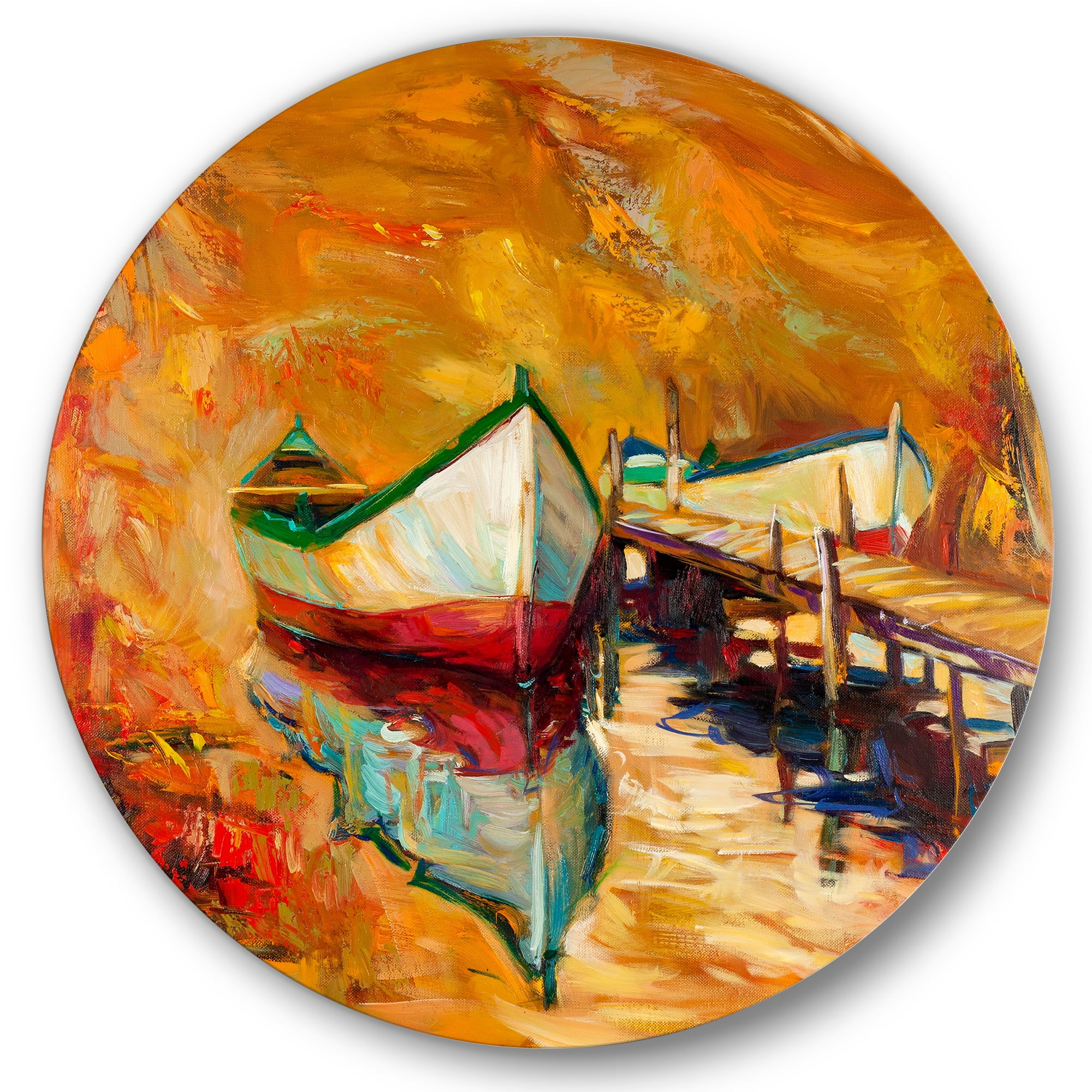 Designart 'Red and White Boats By The Pier' Nautical & Coastal Circle ...