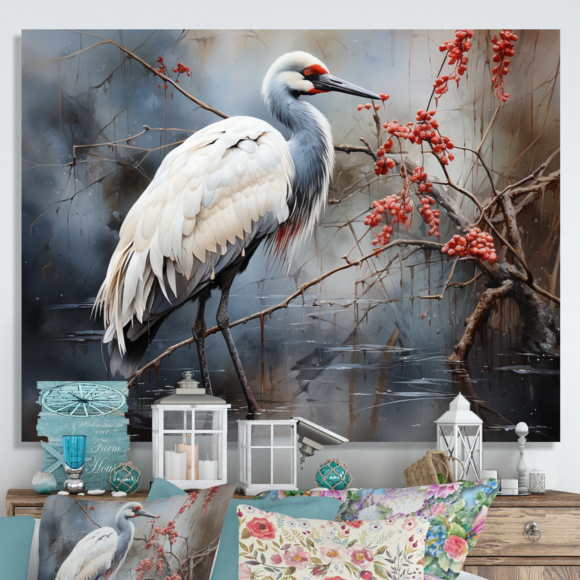 Designart "Redcrowed Crane China Art painting I" Animals Wall Decor ...