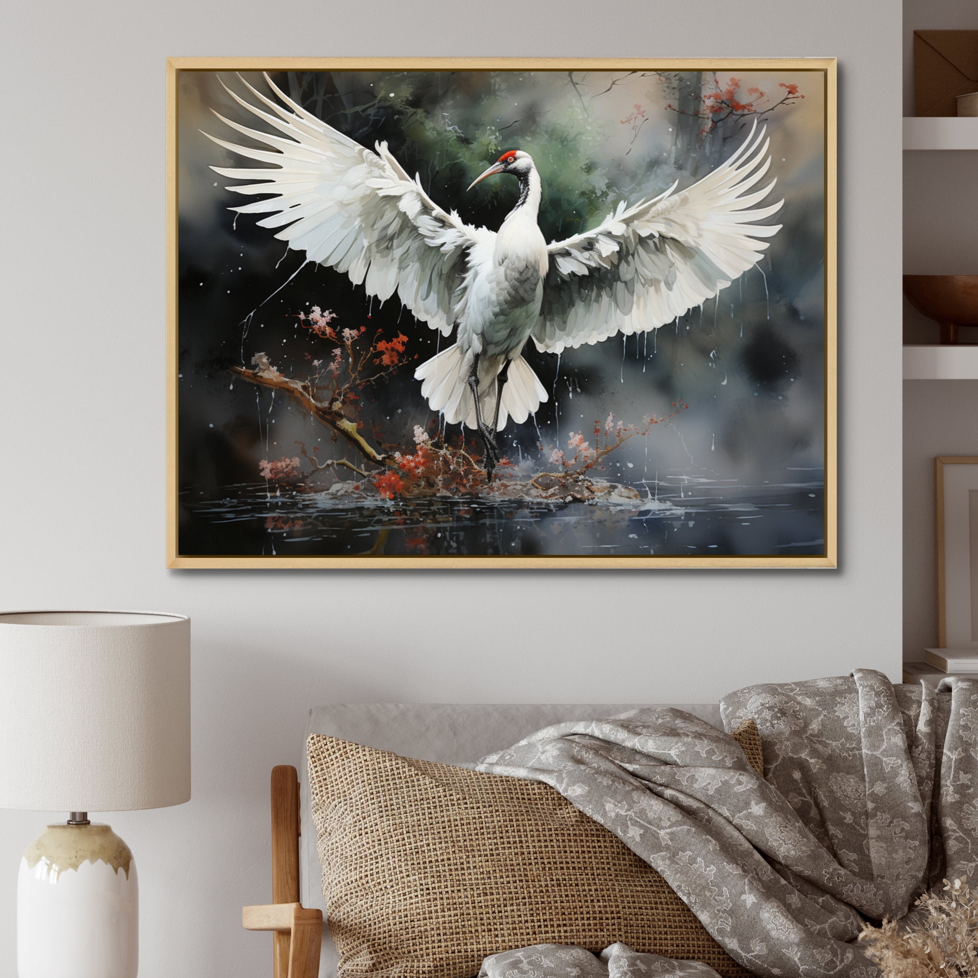 Designart "Redcrowed Crane China Art painting III" Animals Floater ...