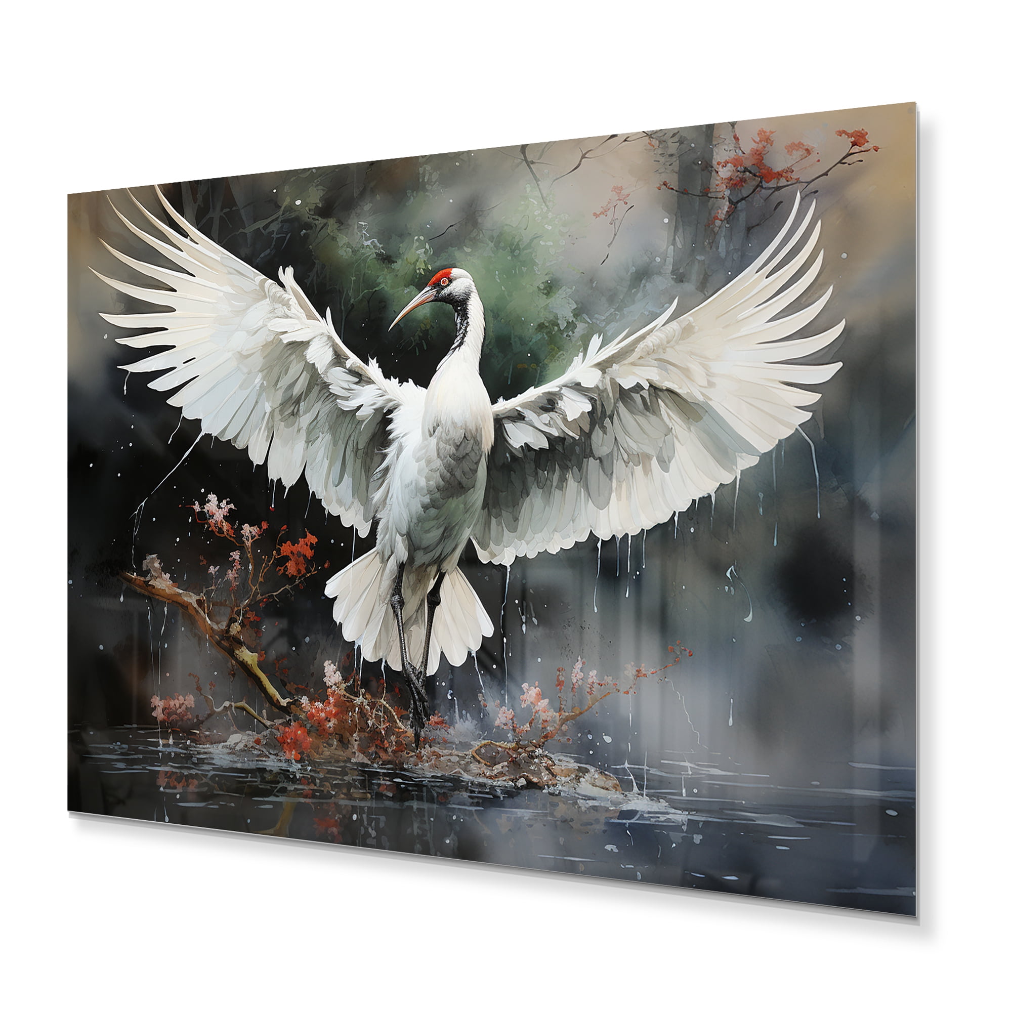 Designart "Redcrowed Crane China Art painting III" Animals Metal Art ...