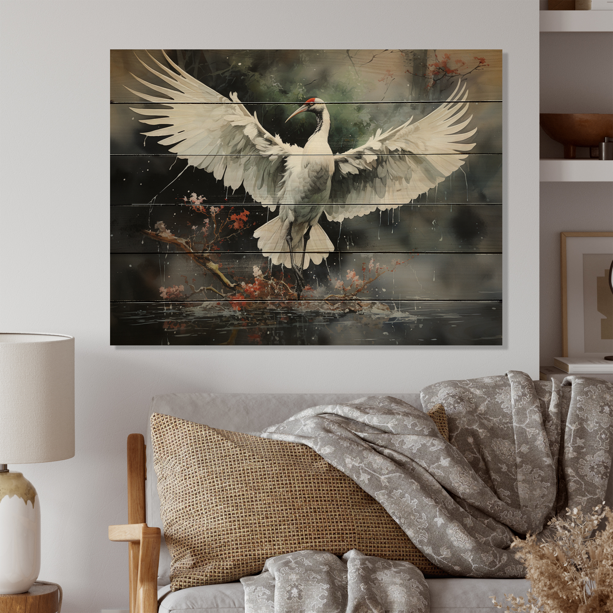 Designart "Redcrowed Crane China Art painting III" Animals Print on ...