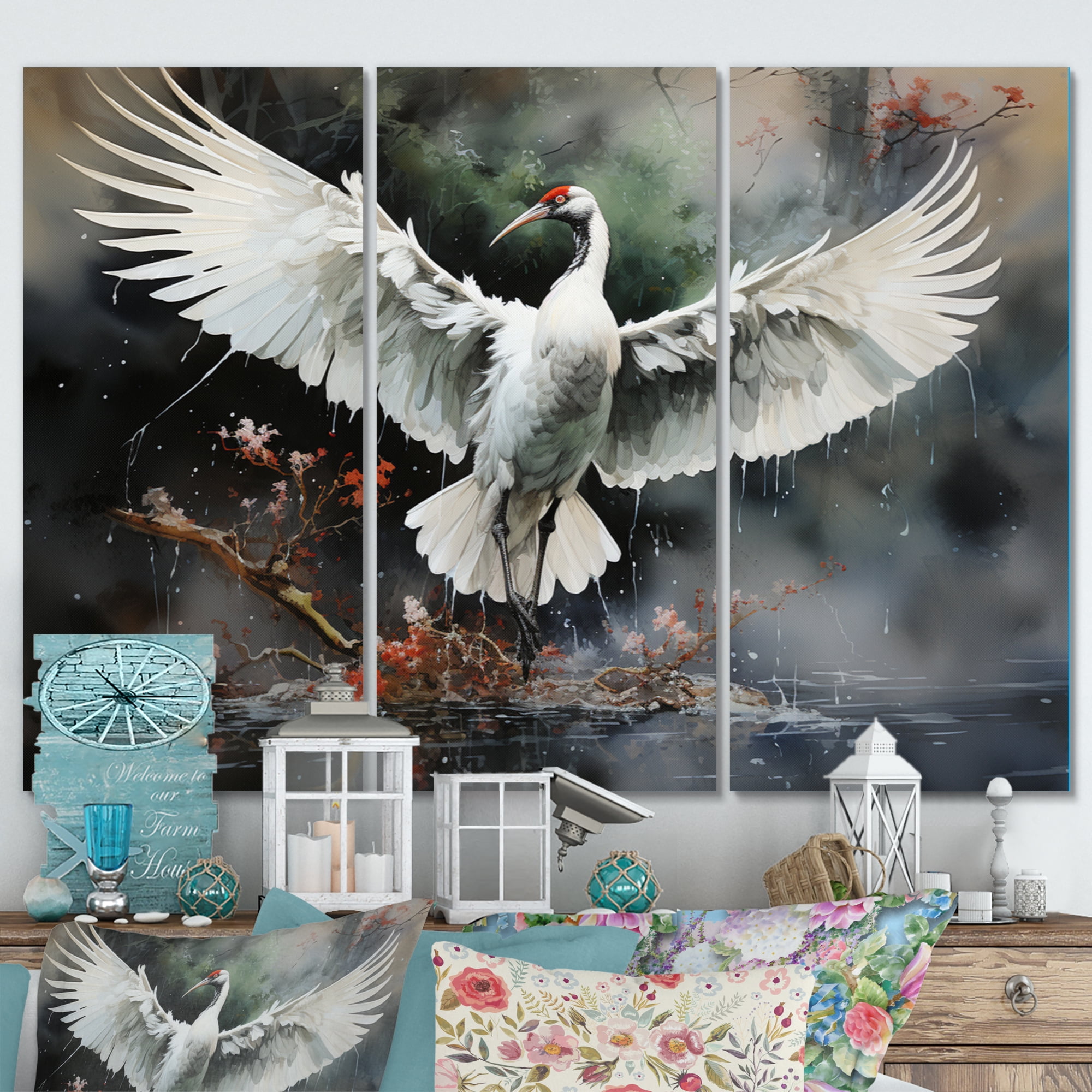 Designart "Redcrowed Crane China Art painting III" Animals Wall Art ...
