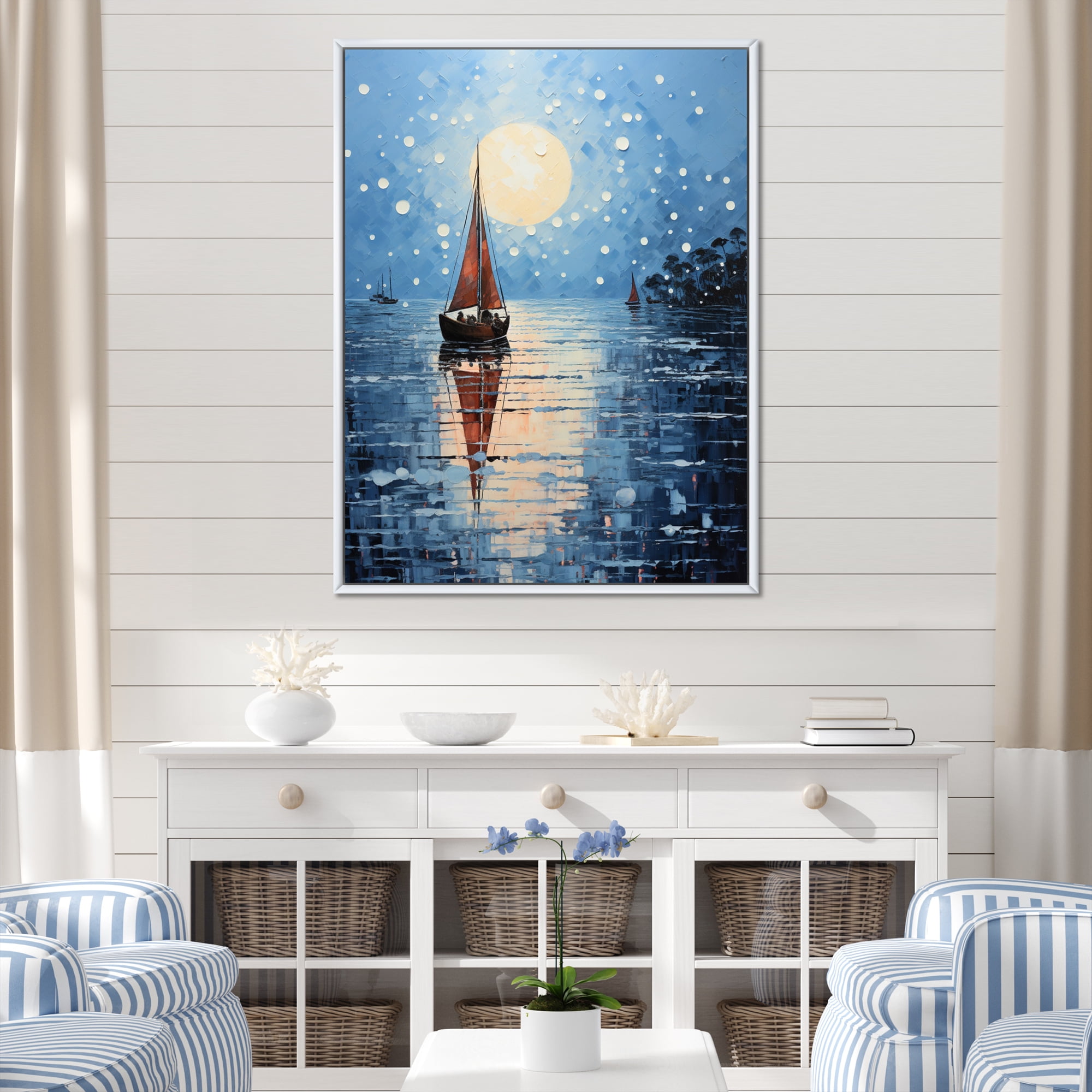 Designart "Reflecting on Sailing Boats IV" Coastal Boat Floater Framed ...