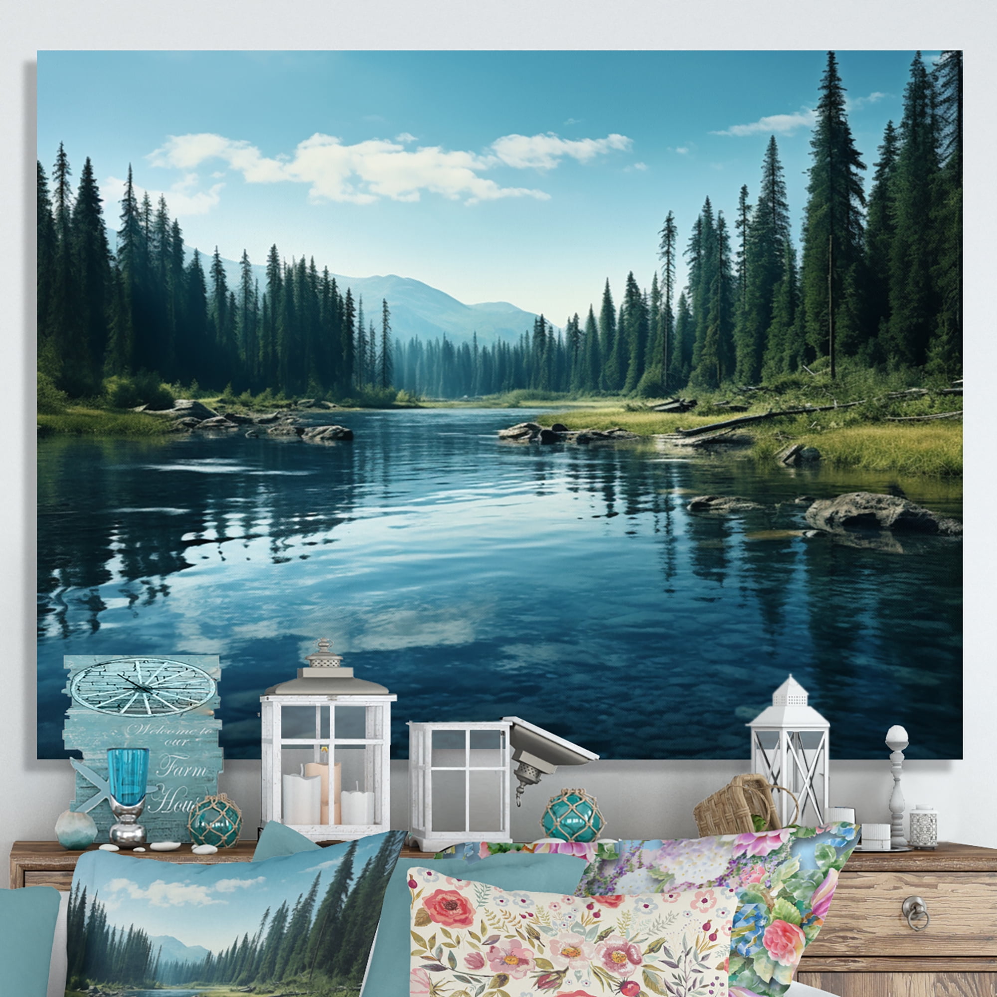 Designart "Reflecting on Waters in a Green River II" Landscapes Wall ...