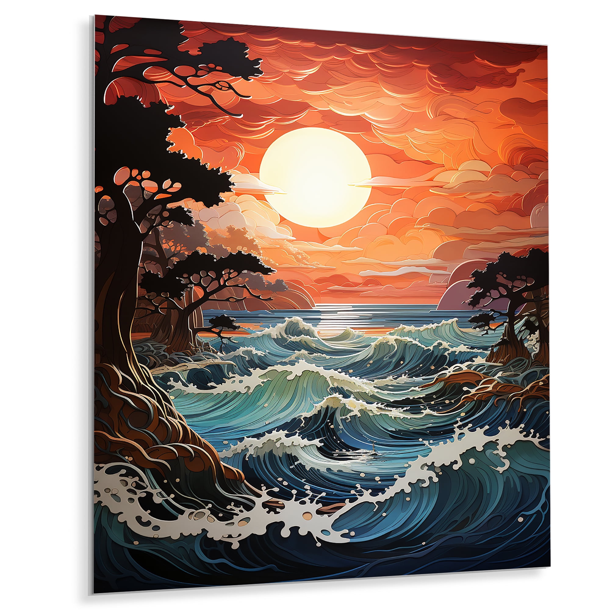 Designart "Reflections Papercut Coastal Sunrise painting II" Landscape ...